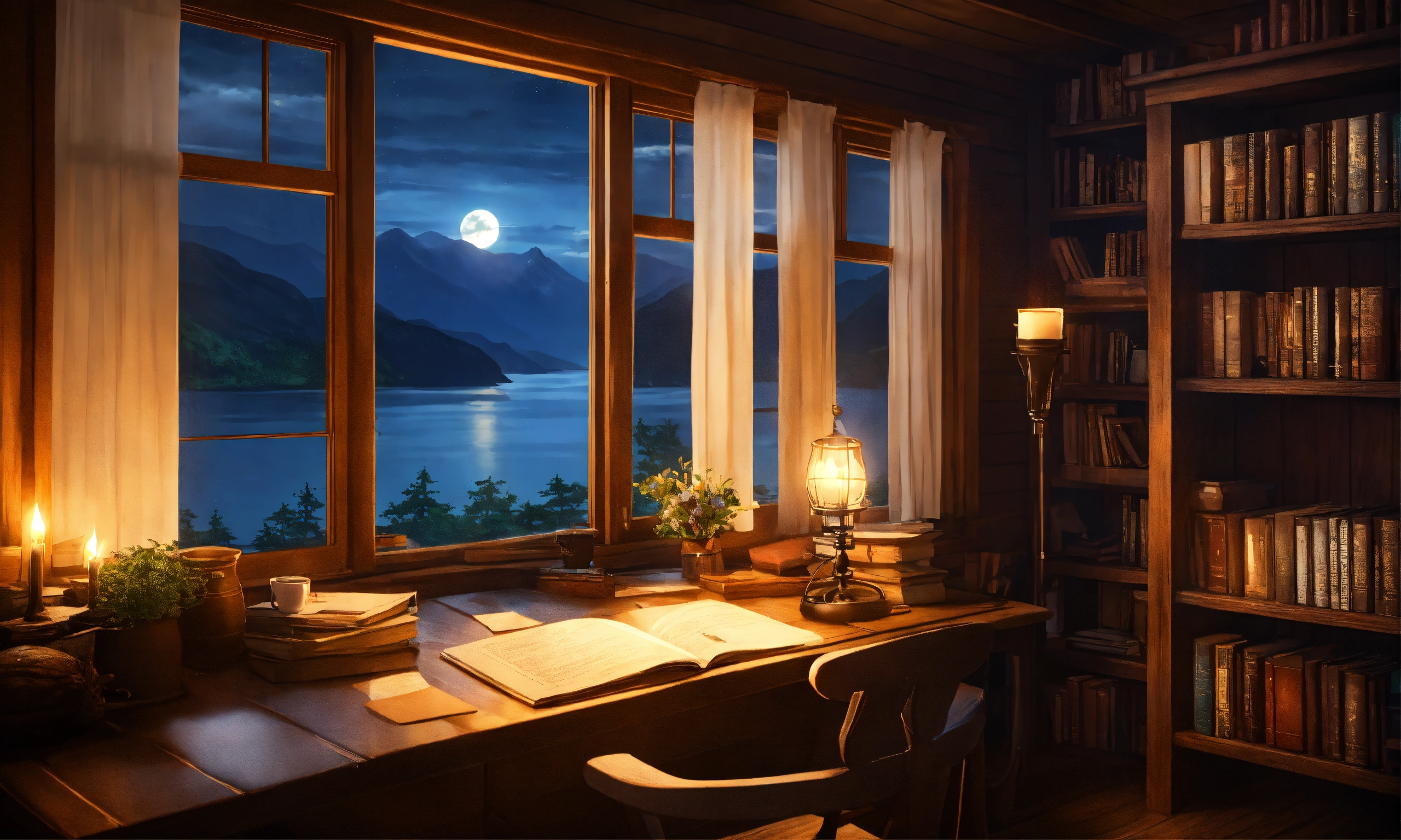 Lexica - Anime study room in finland against fjord, big centered window ...