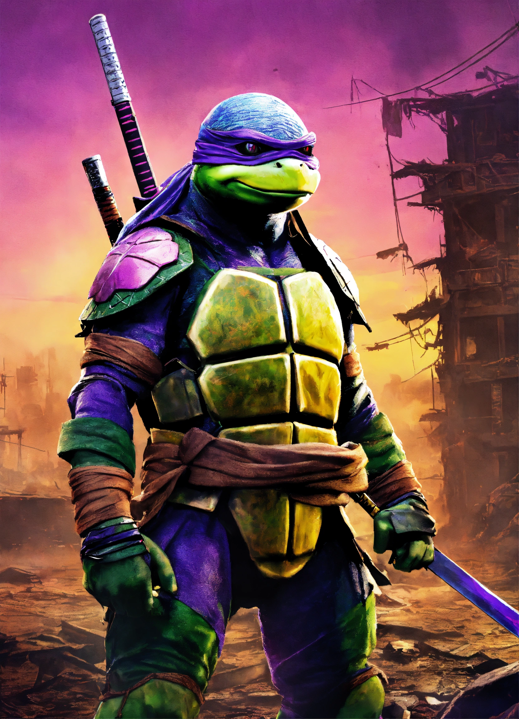 Lexica - A dreamlike ninja turtle with a purple eye band and katana in ...