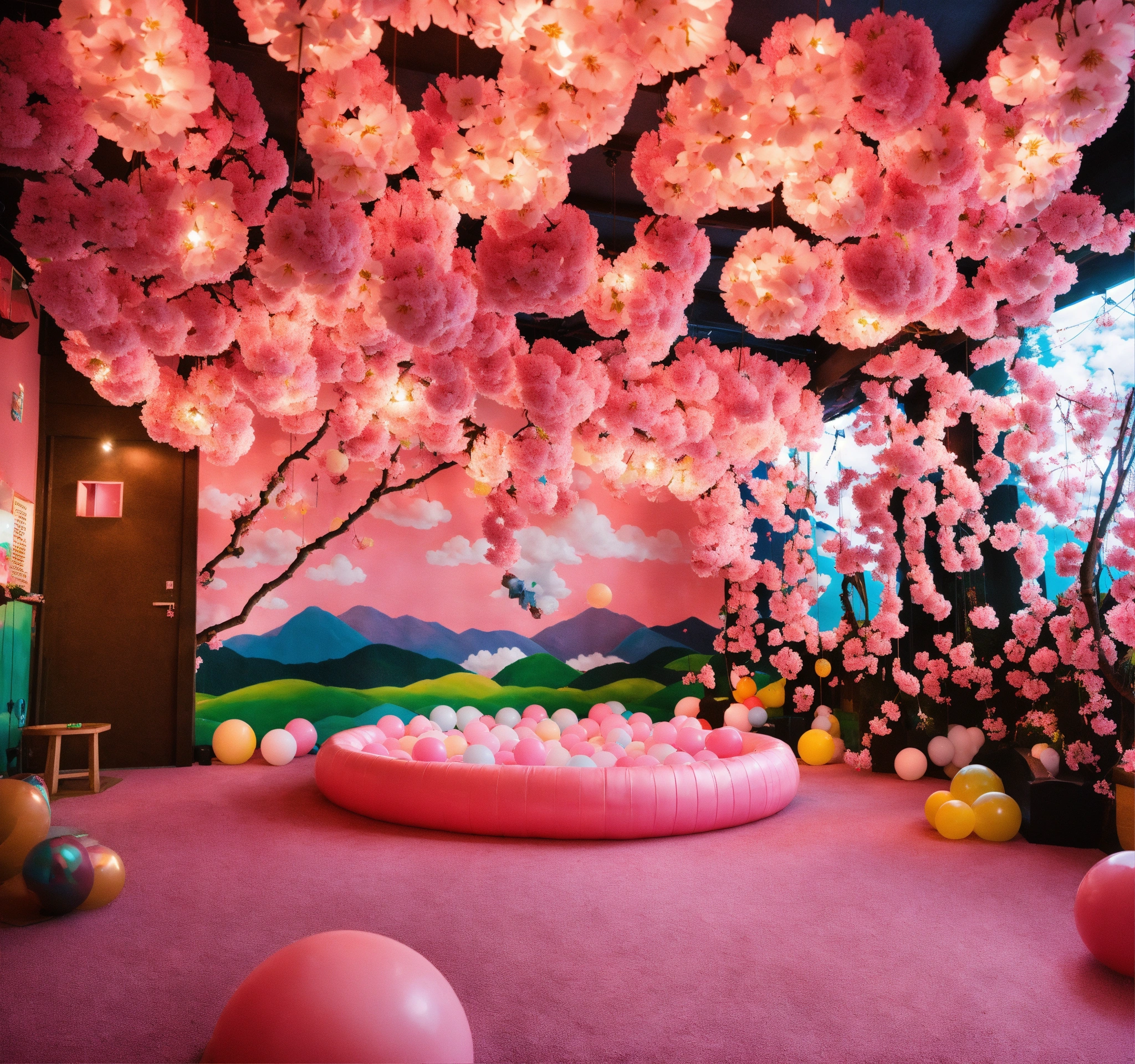 Lexica - Cherry blossom room with giant swing over grass, led lights ...
