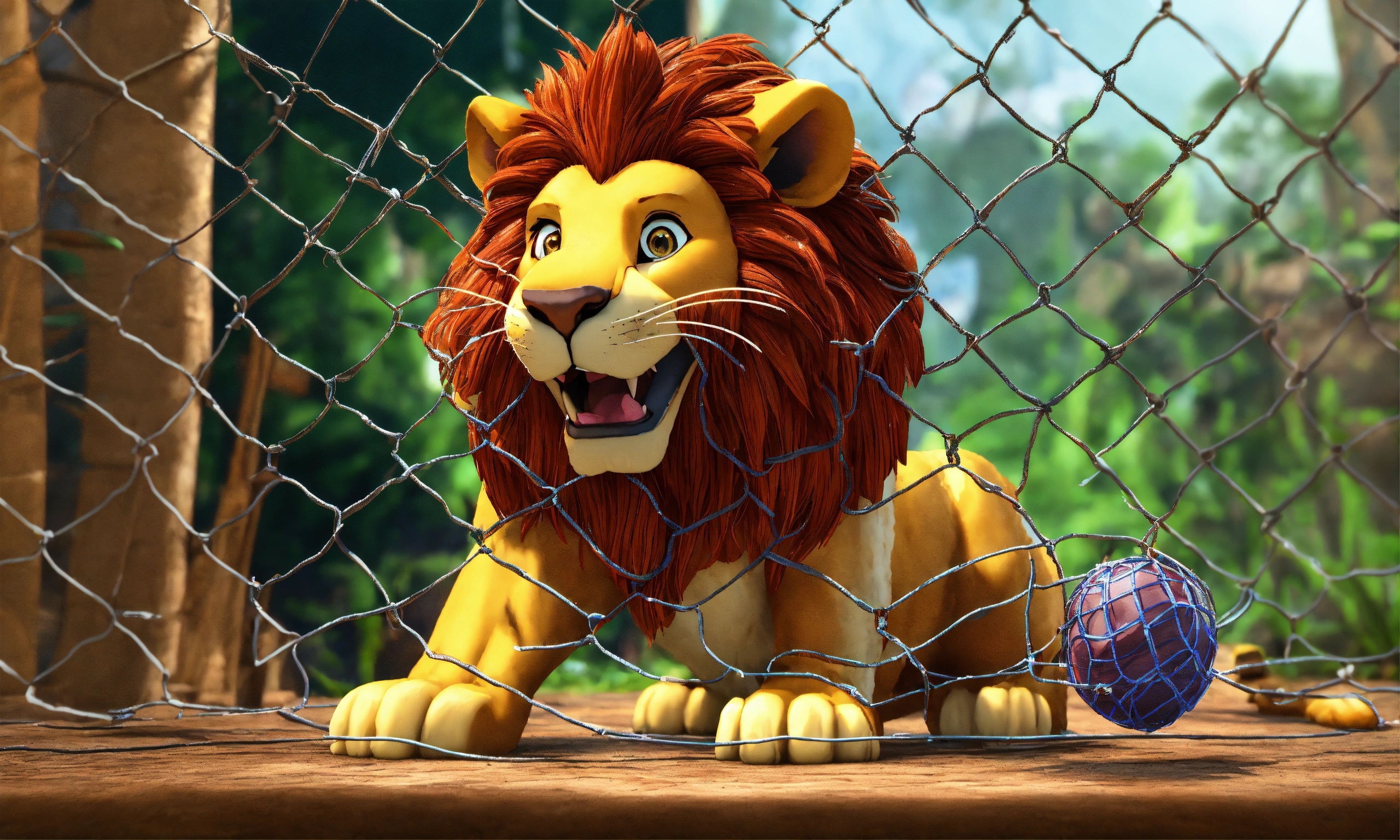 Lexica - Cartoon 3d big lion trapped in net and mouse cutting net by ...