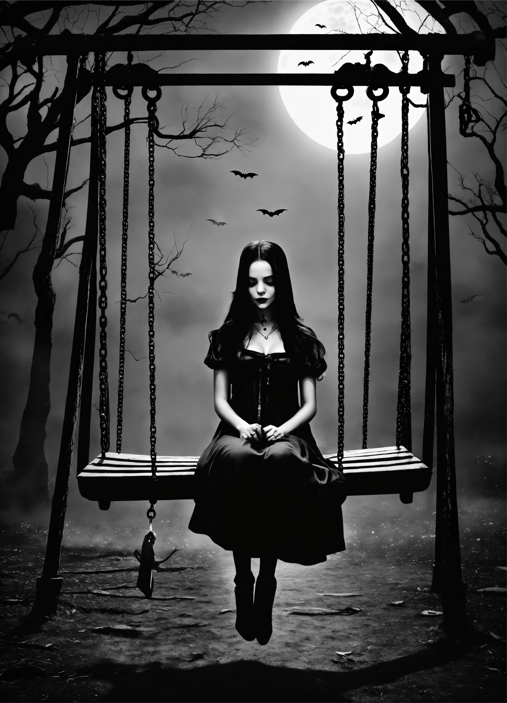 Lexica - Photorealistic, black and white, deep night, dark playground ...