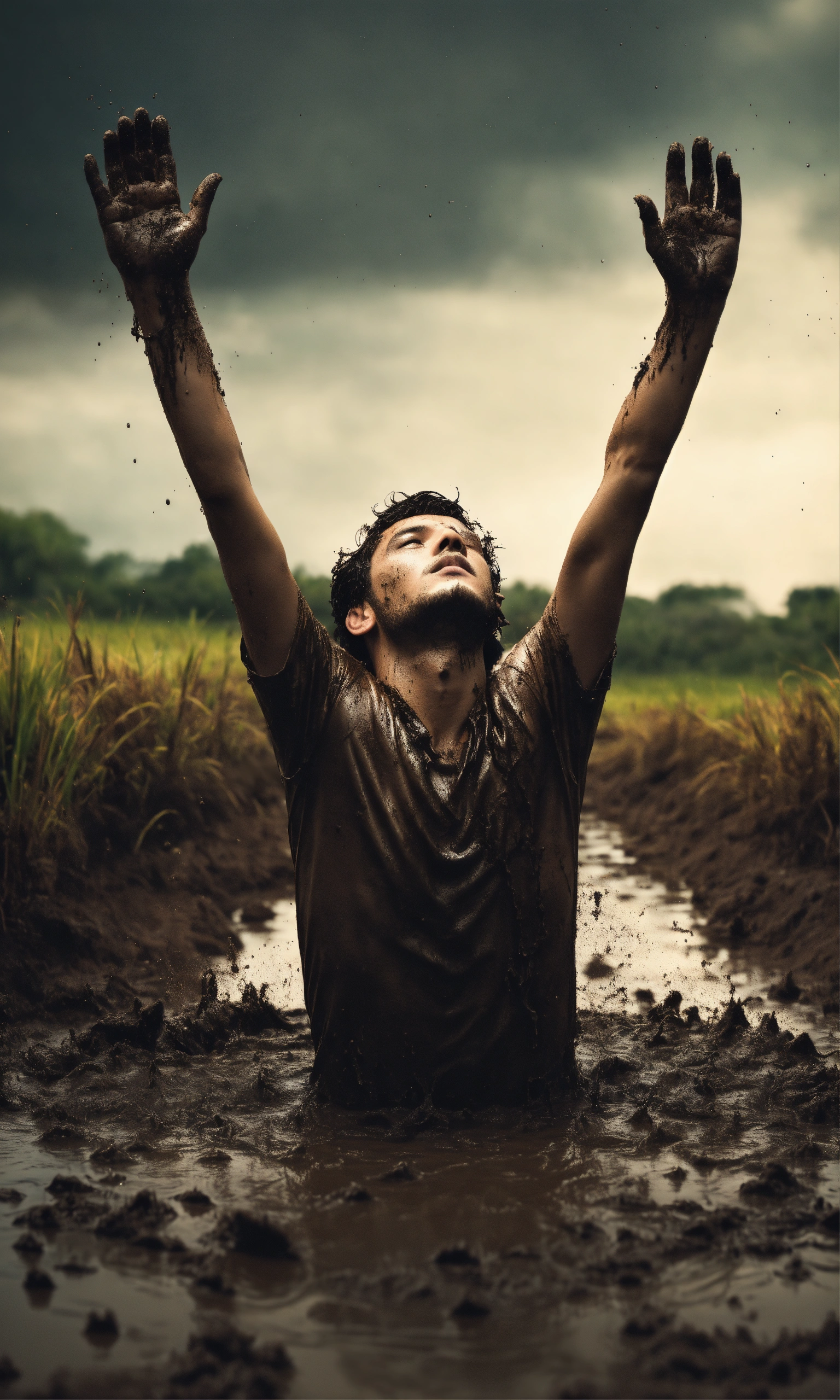 Lexica - A young dirty man falling in a mud pond, extending his hand to ...