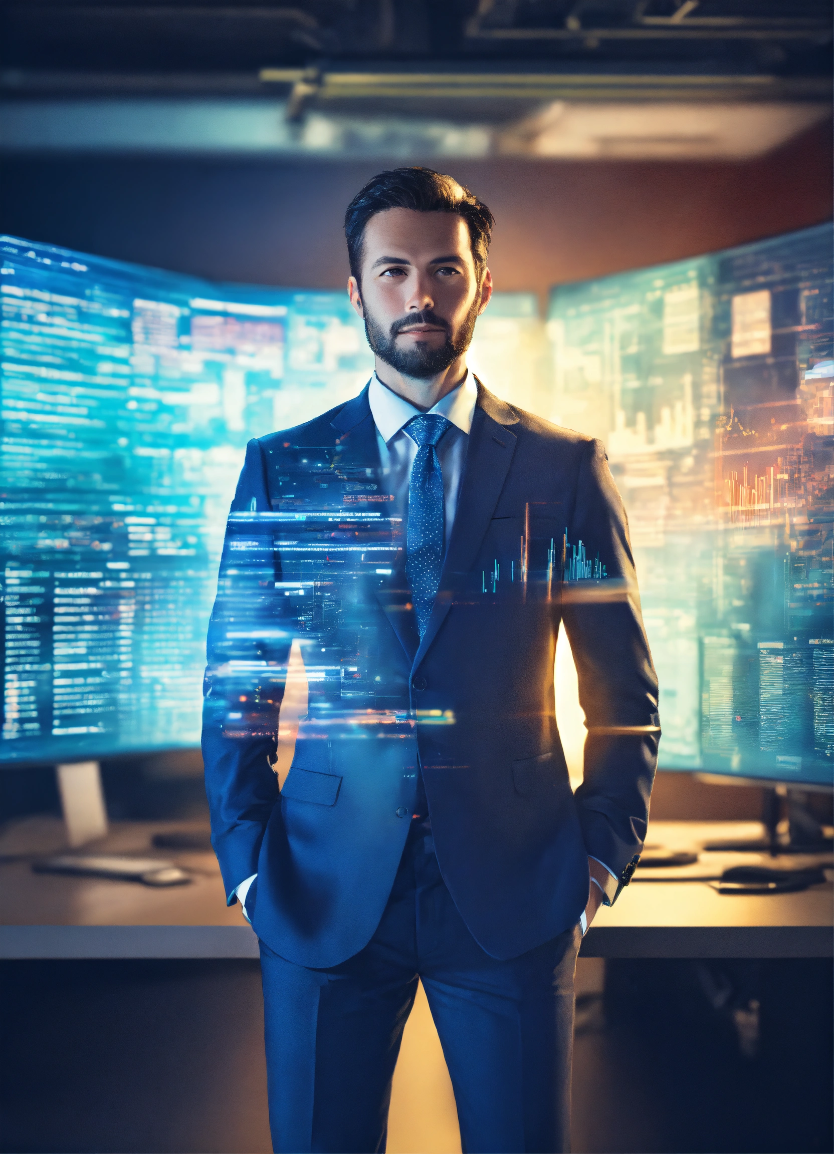 Lexica - A vibrant image depicts a businessman, defocus, standing ...