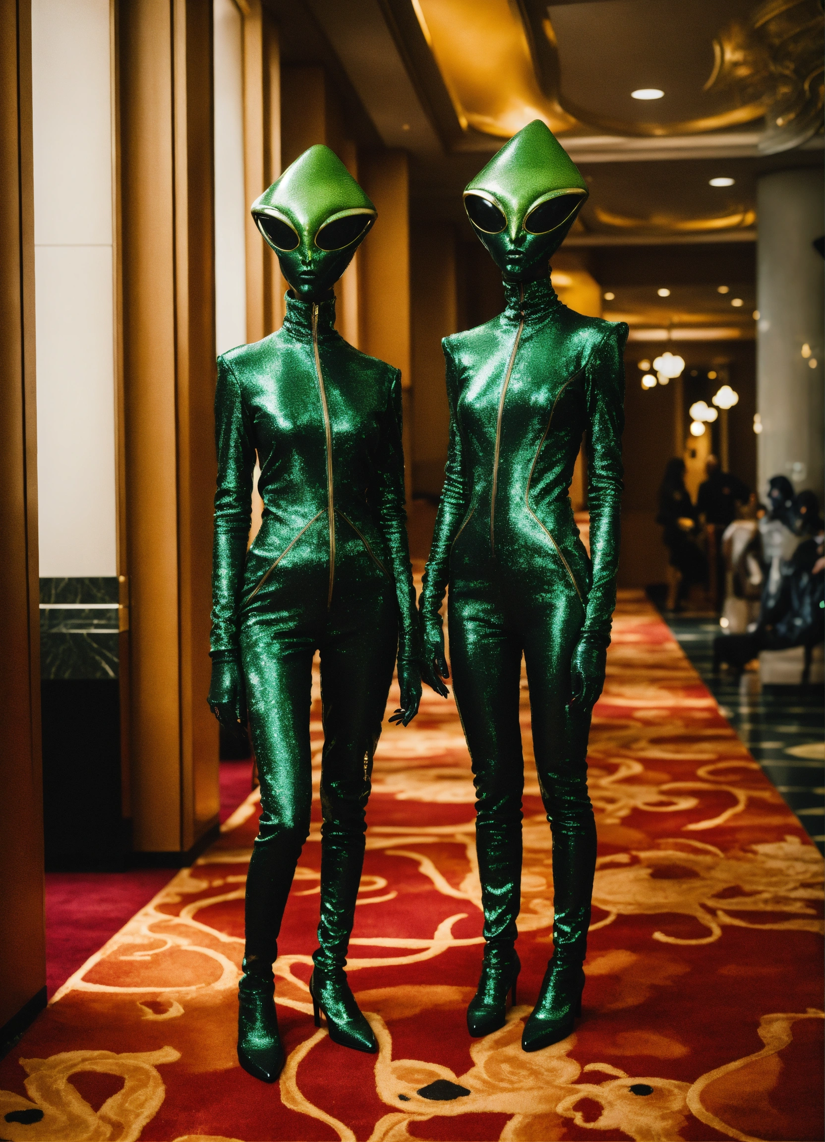 Lexica - Two human looking aliens with obsidian skin, dressed in haute ...