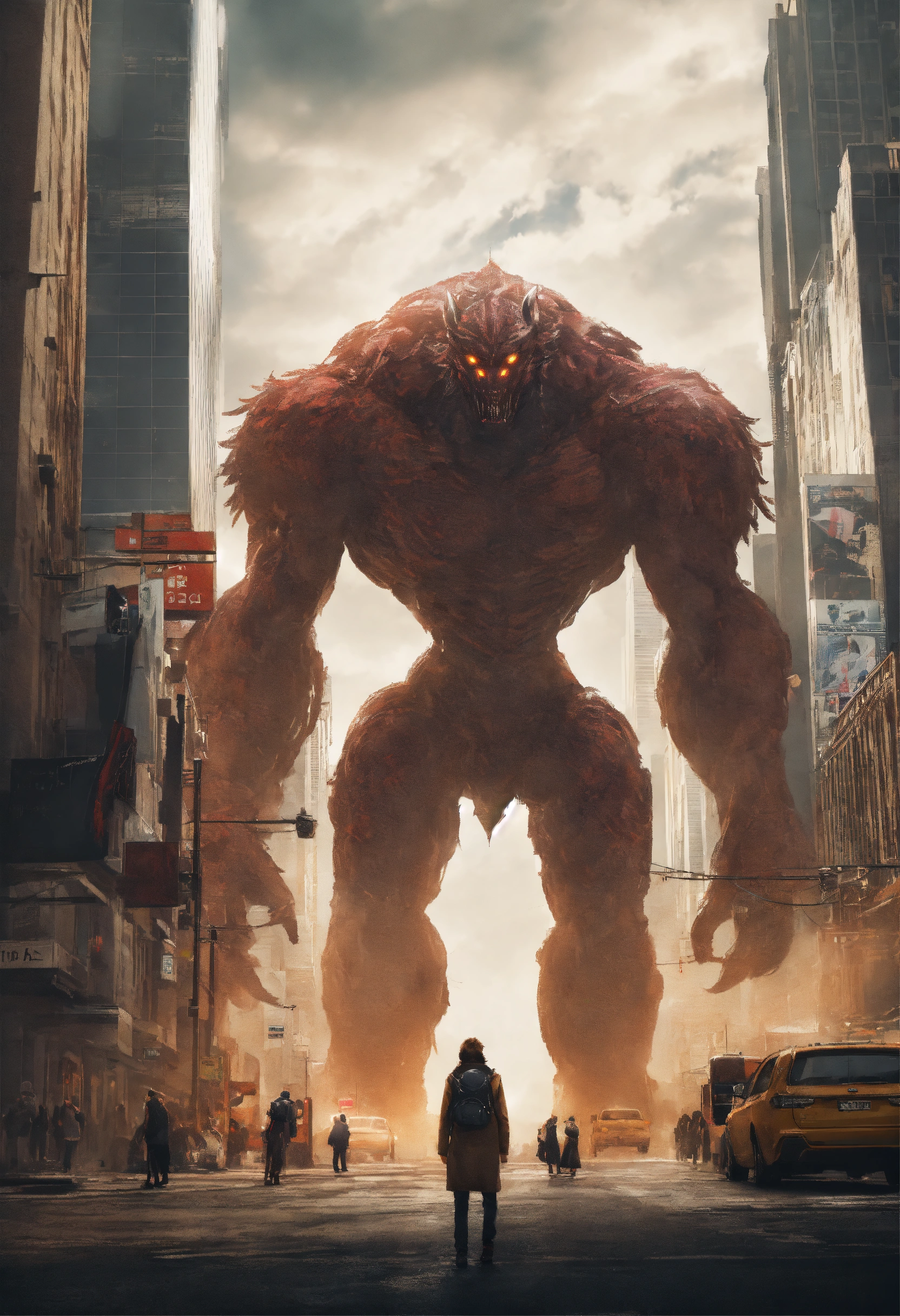 Lexica - Terrifying humanoid monster looming over busy city