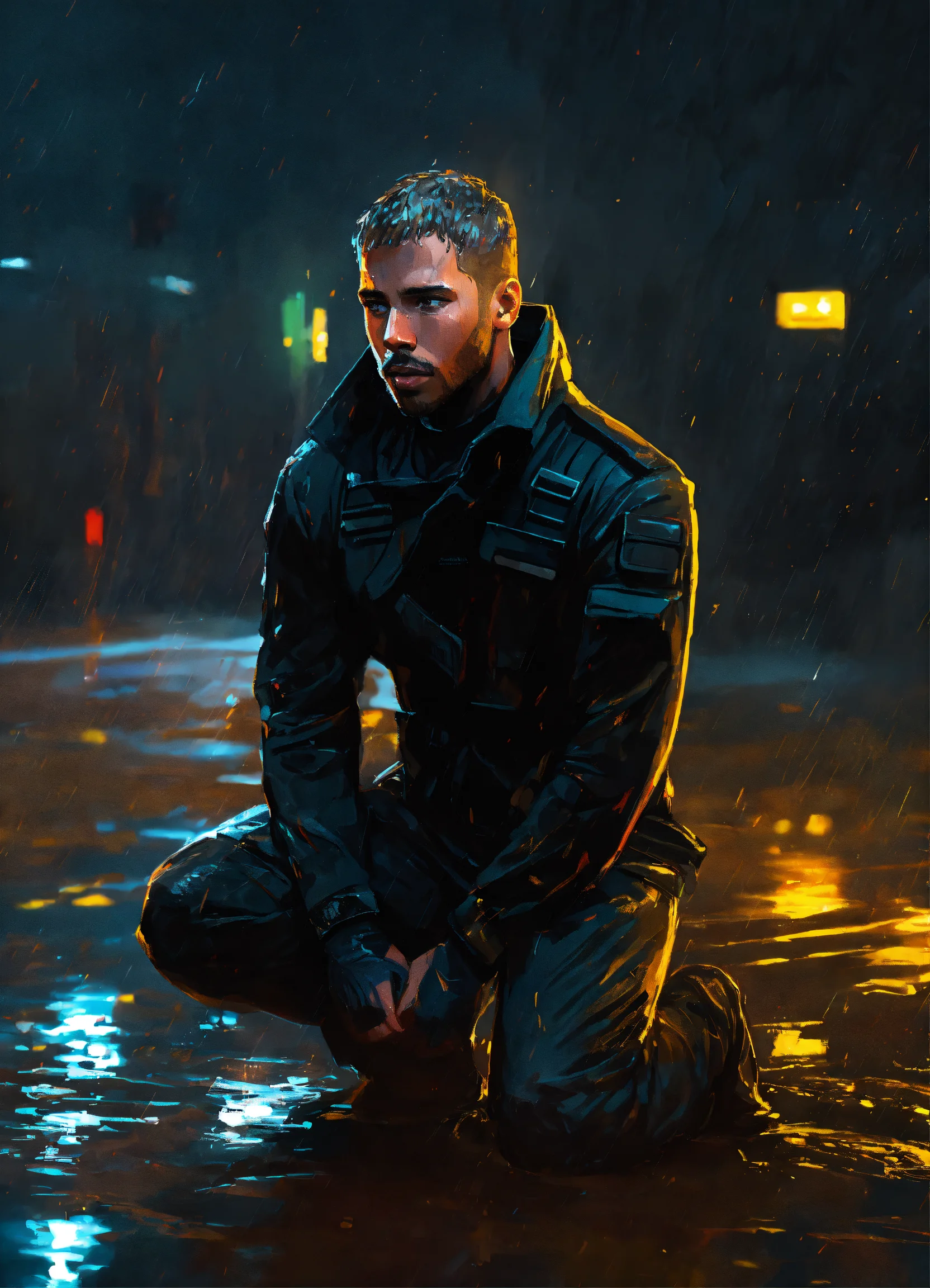 Lexica - Digital painting of a strong grieving black male Blade Runner ...