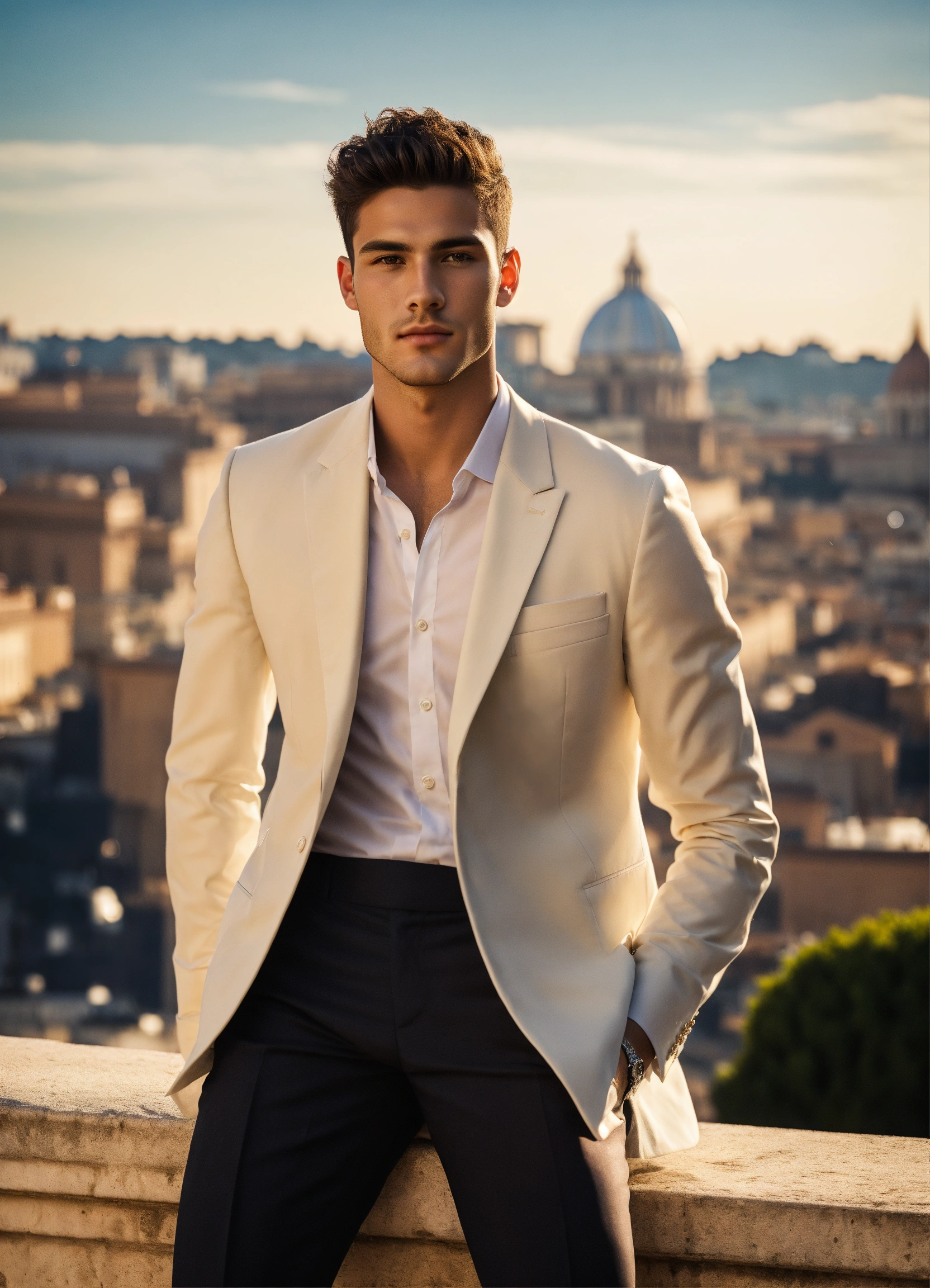 Lexica - Photo of one young male model in whiteclothes looking to the ...