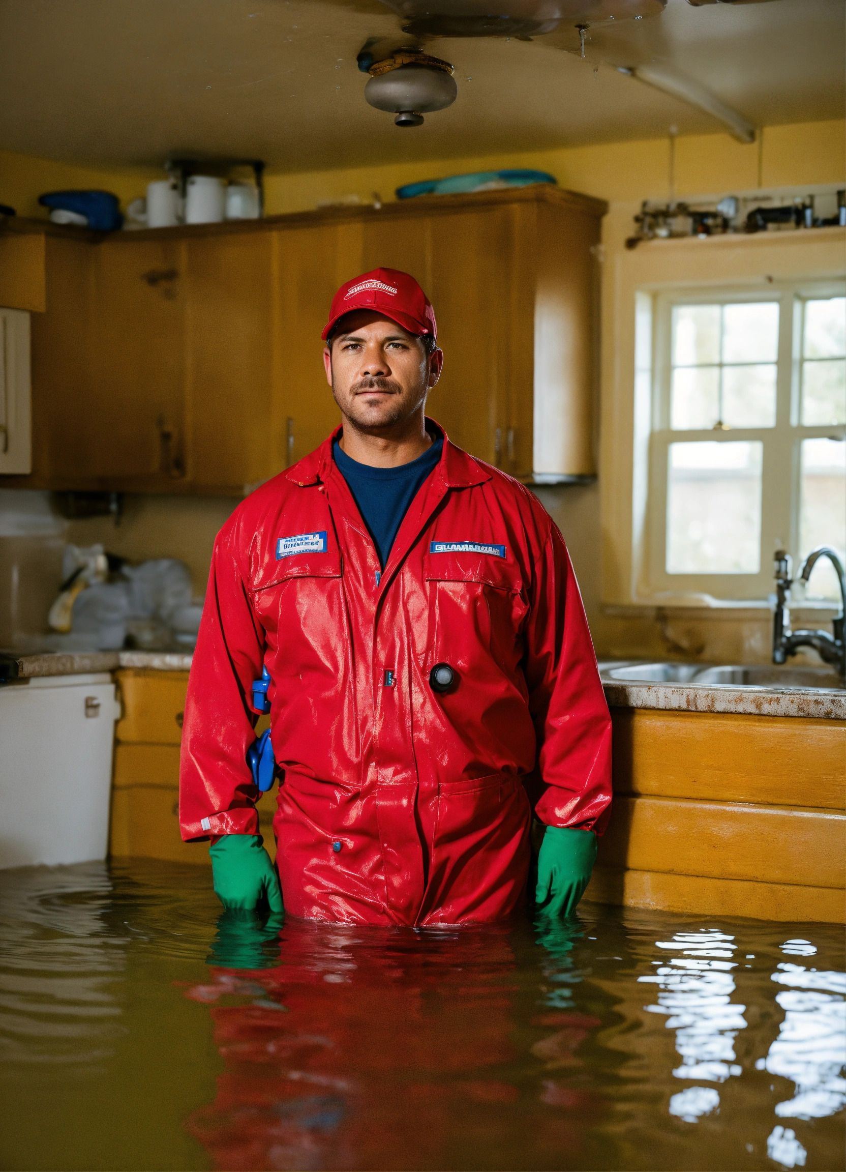 Lexica - A plumber in a red outfit stands inside a flooded kitchen.