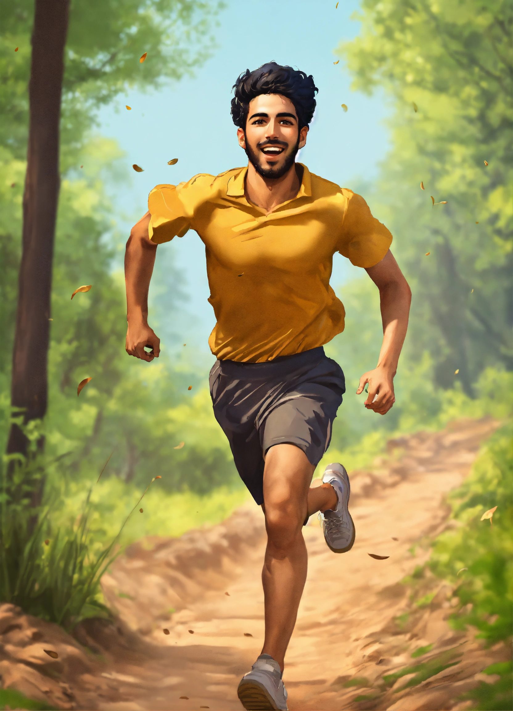 Lexica - A young Arab man running in a dirt path in the forest, feeling ...