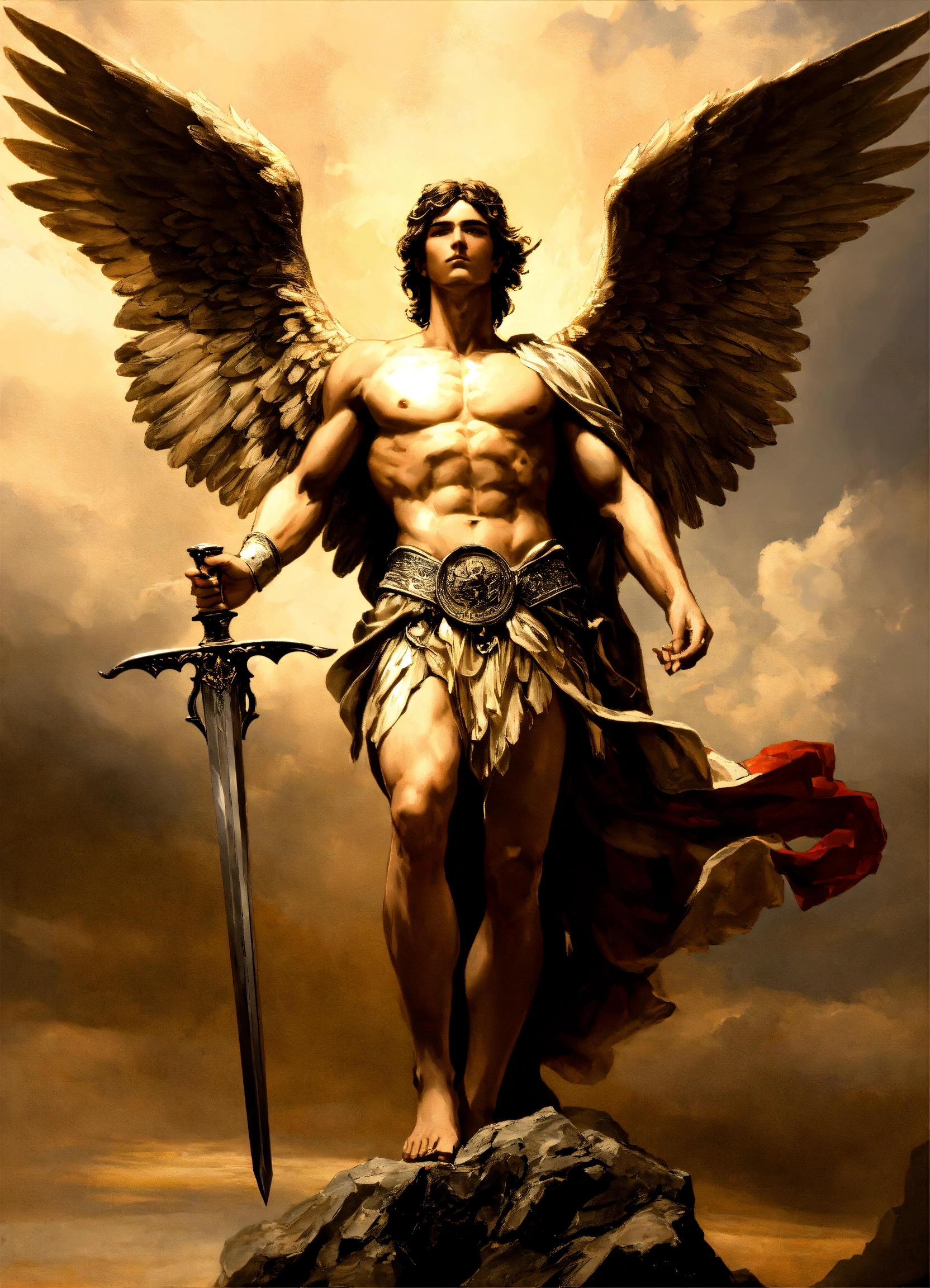 Lexica - A man angel with wings and a sword in right hand and raising ...