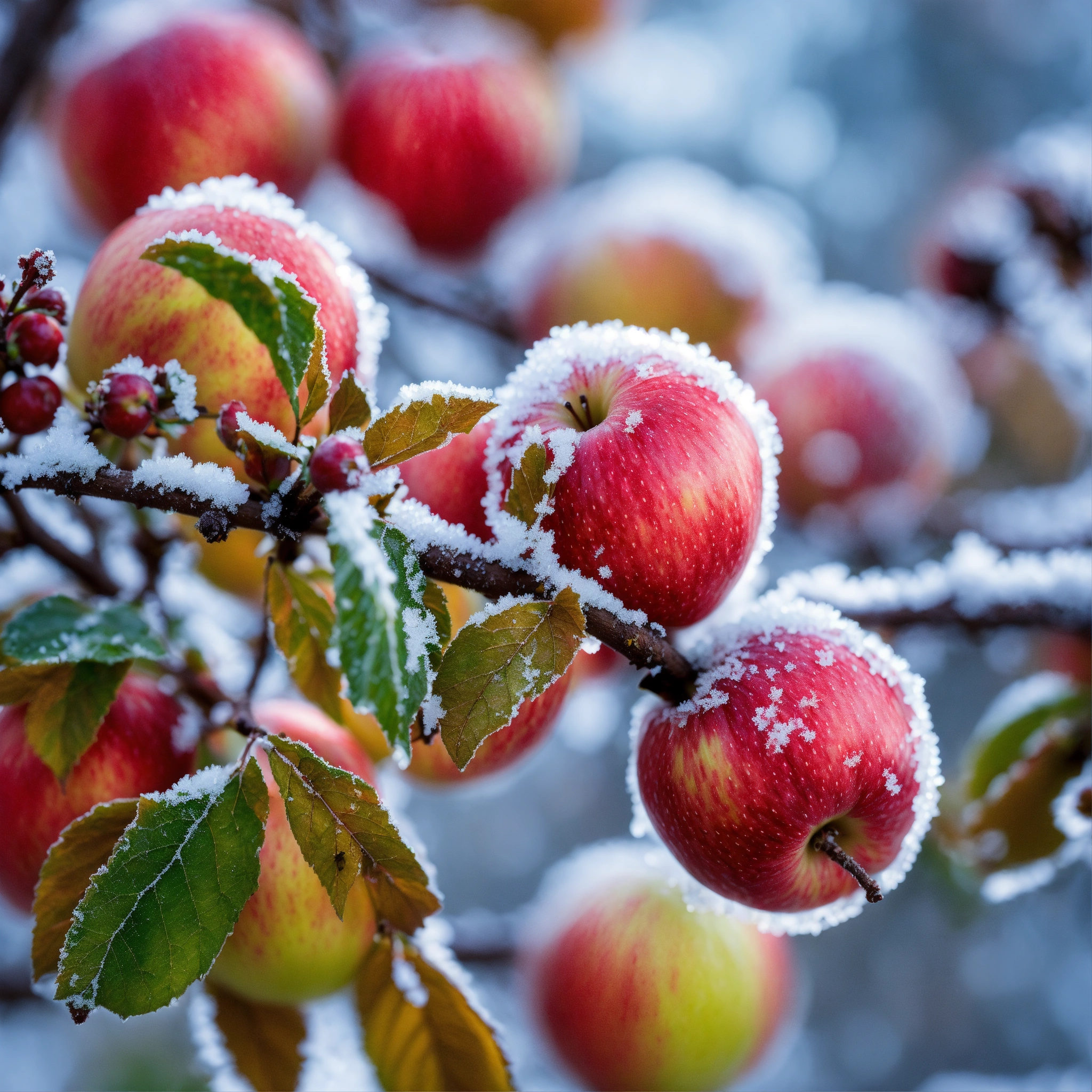 Lexica - Frost on plants and branches of apple tree with frozen apples ...