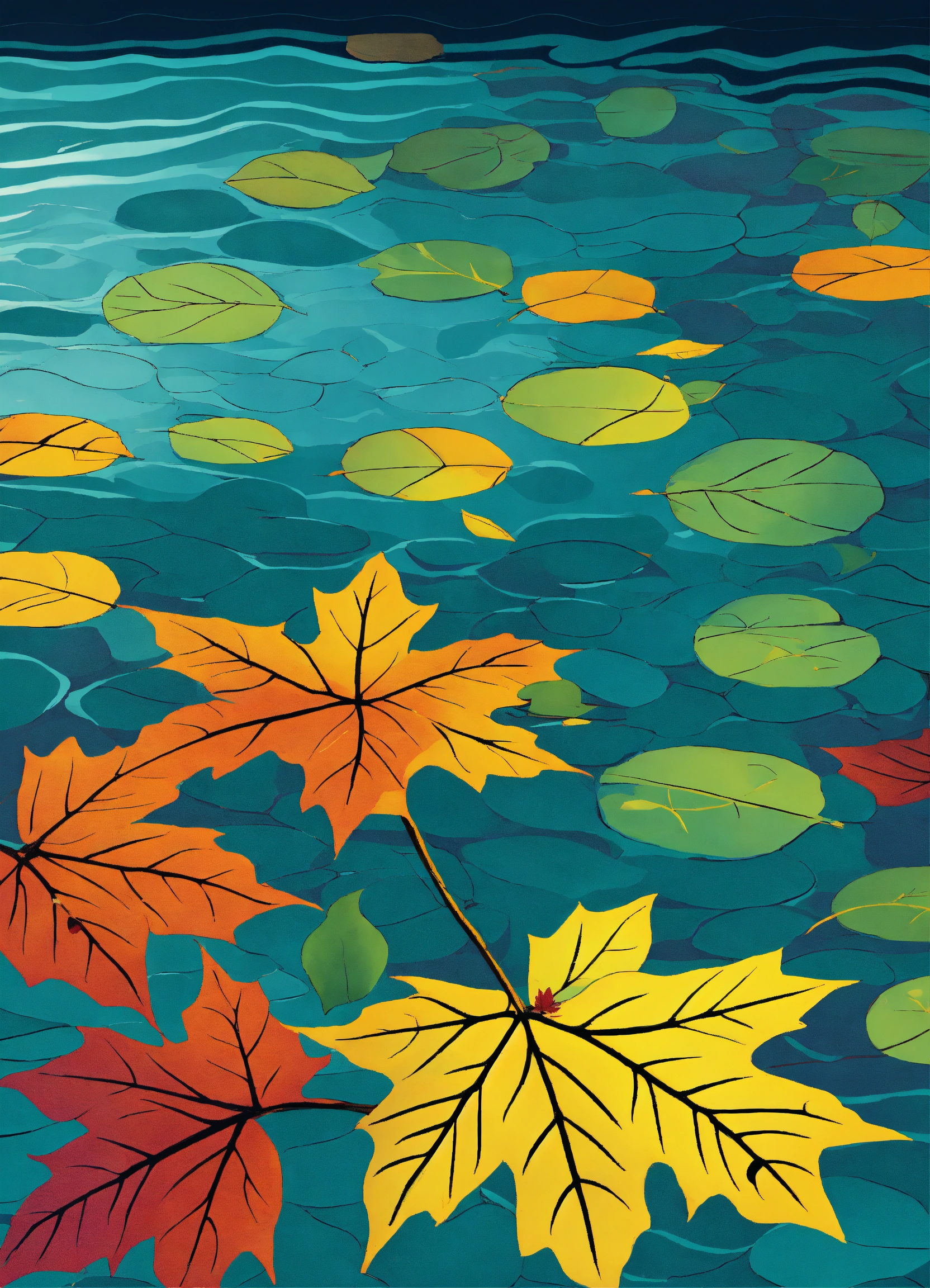 Lexica - Water surface with leaves and reflections, vibrant colors ...