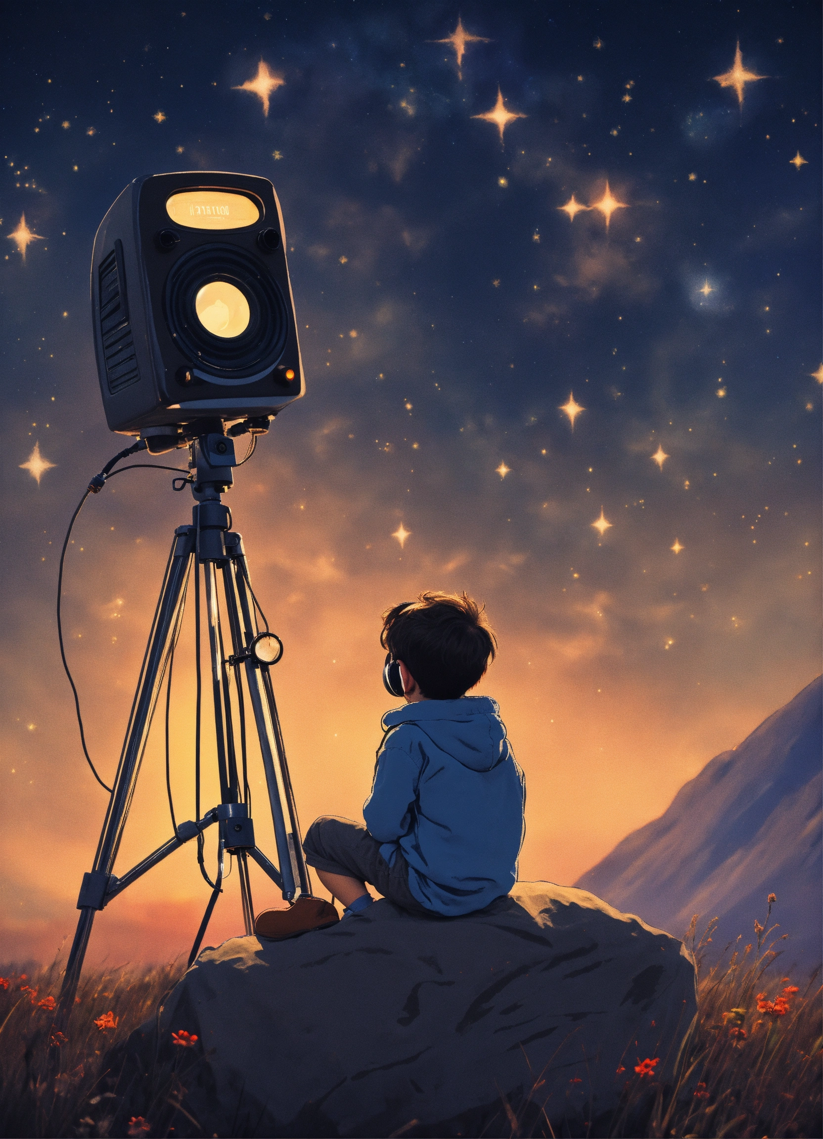 Lexica - A young boy attentively listening to the radio as he sits ...