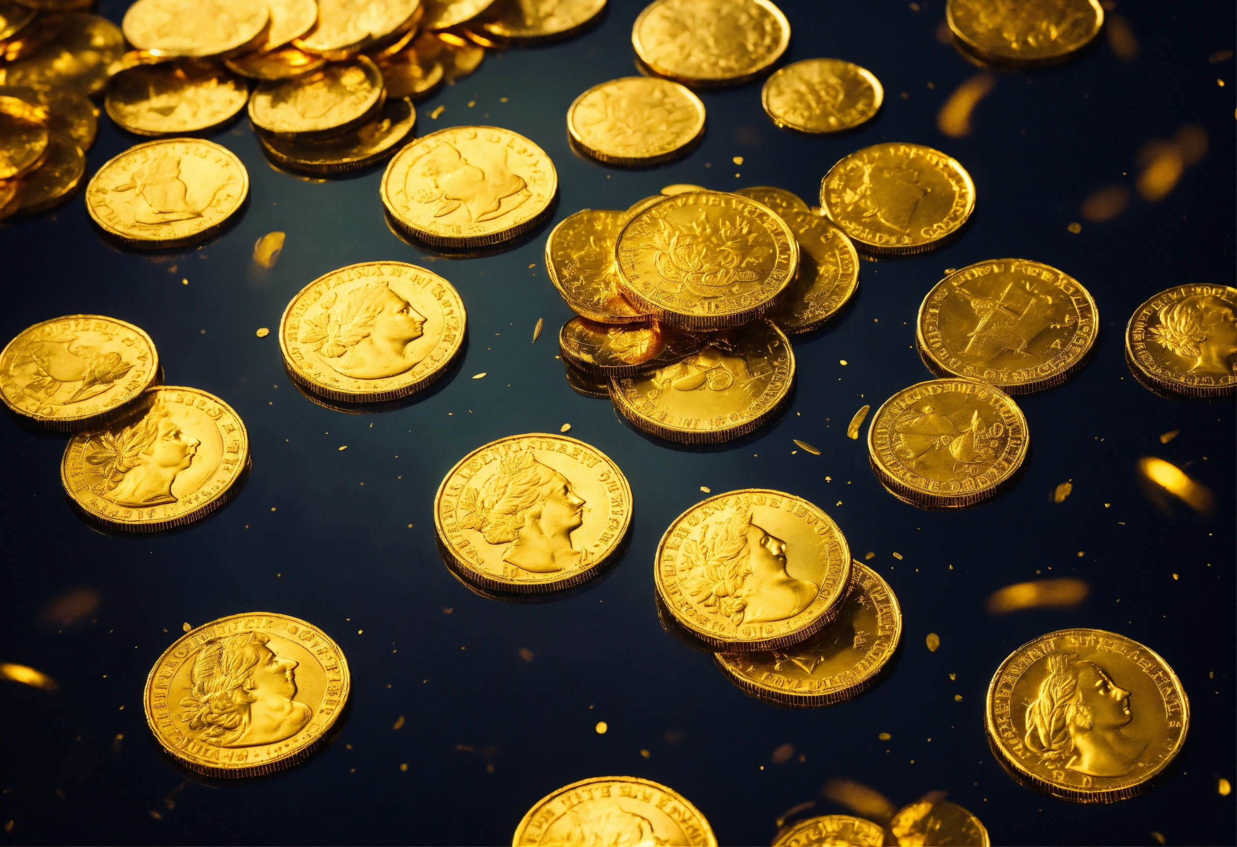 Lexica - Thrown gold coins shiny dark background
