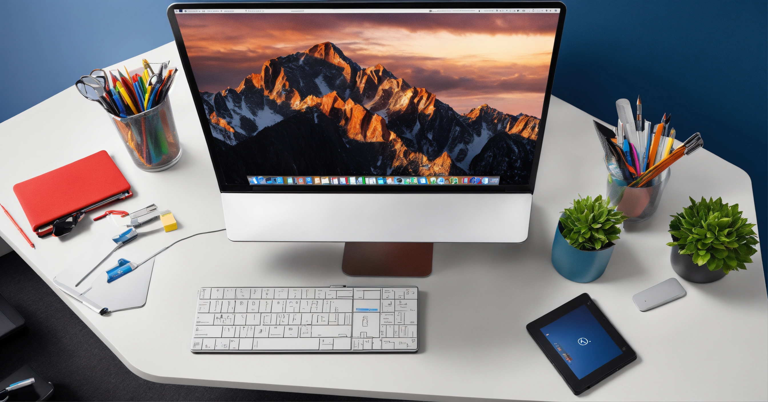 Lexica - Top view Office desk with office tools computer laptop on ...