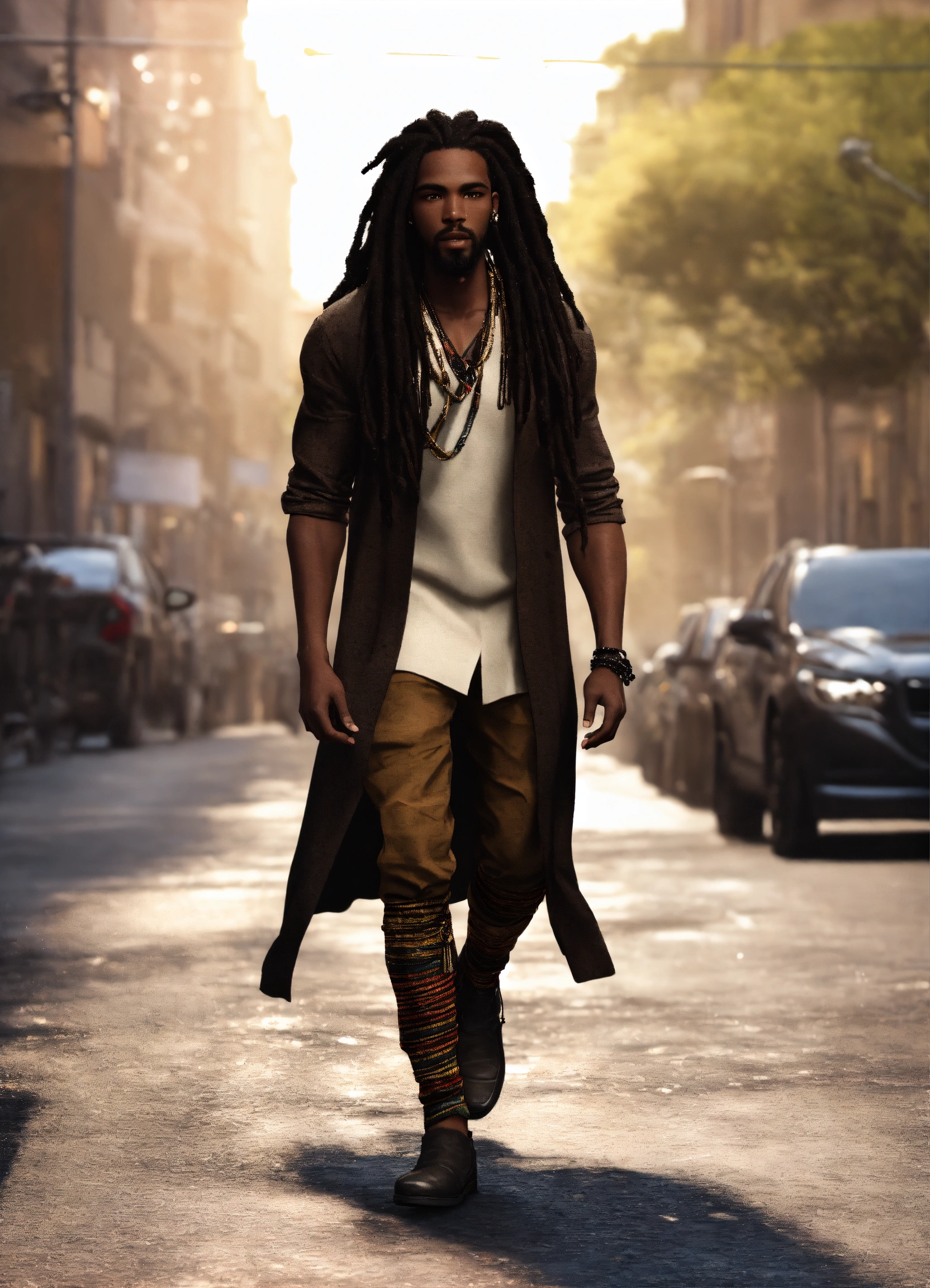 Lexica - 3d render of a Black African man with long flowing dreadlocks, 6'5" tall, well-built ...