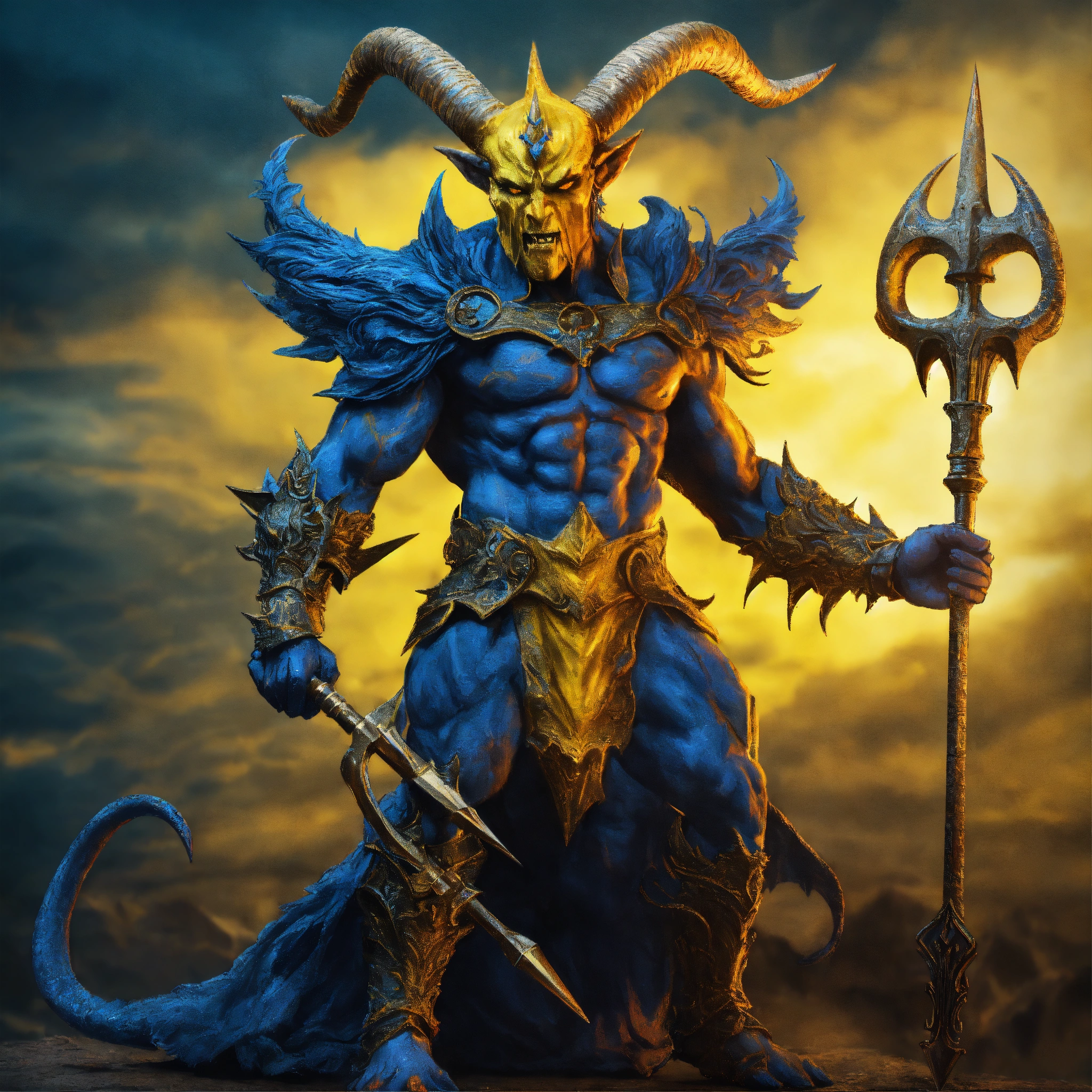 Lexica - Evil demonic yellow and blue devil, holding a trident, ominous ...
