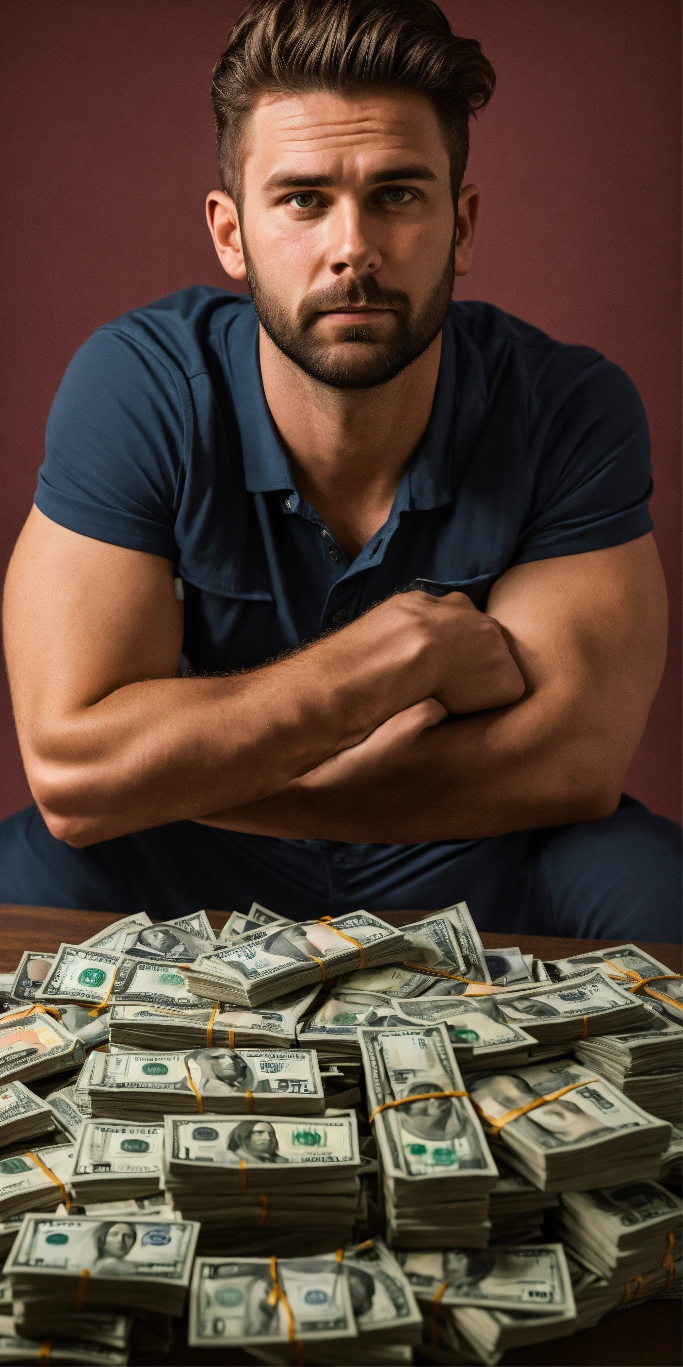 Lexica - A guy in his 30s is holding a big pile of cash dollars. The ...