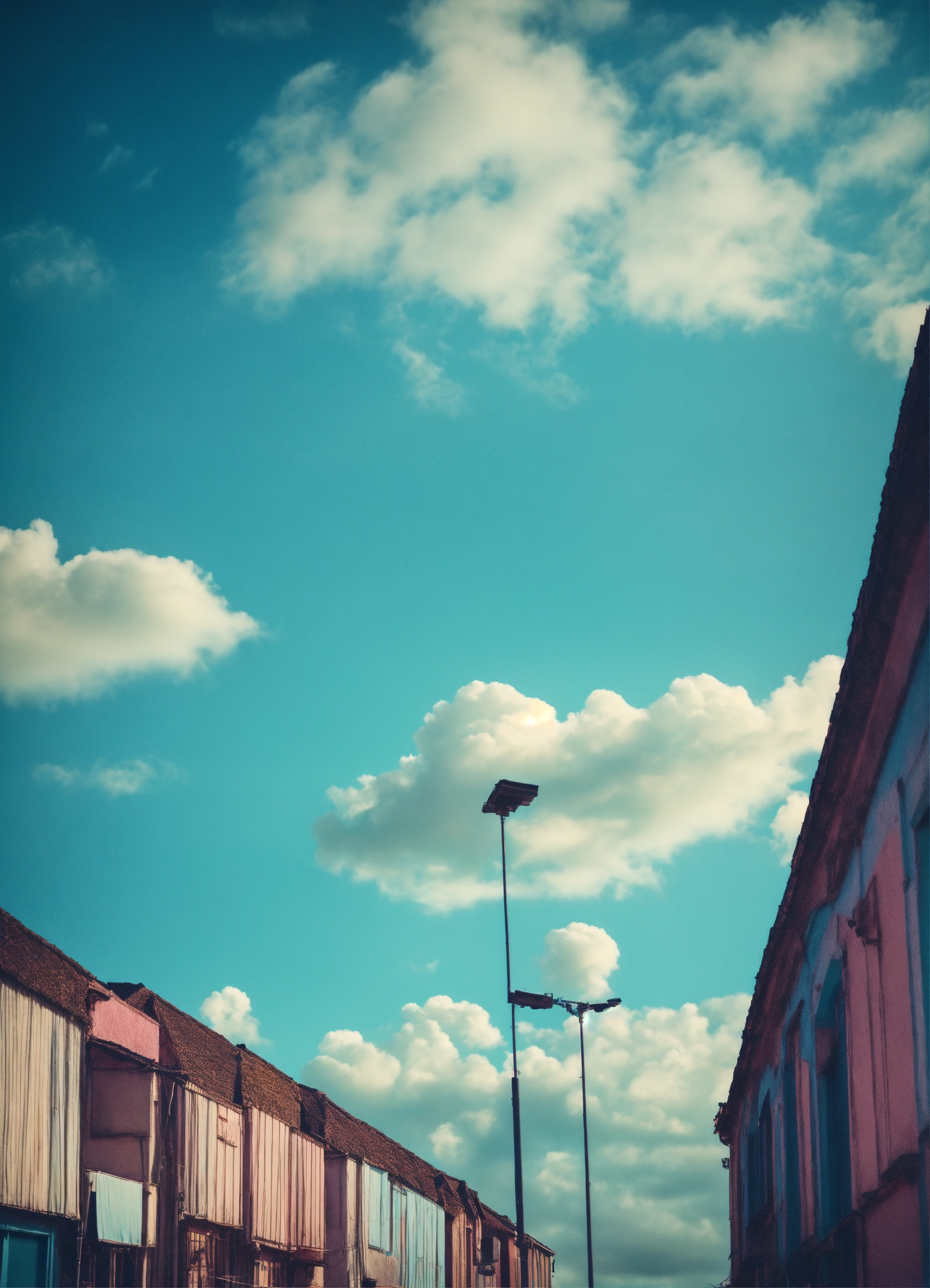 Lexica - Light blue, sky shot, with cotton candy clouds, retro style.