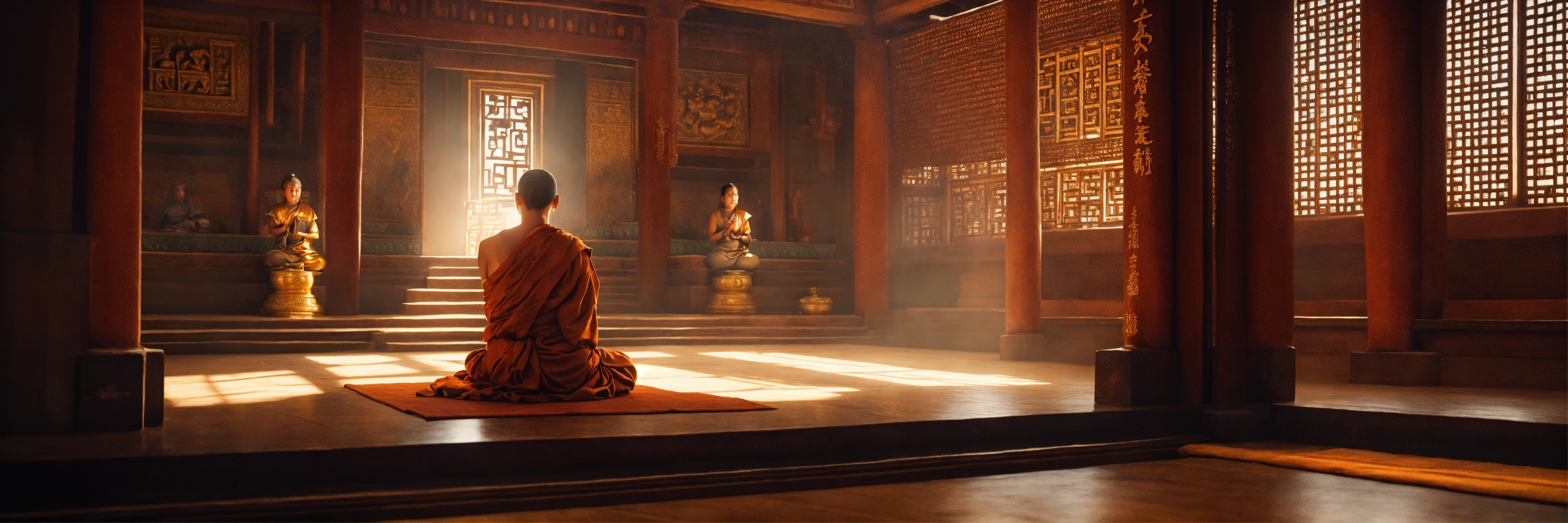 Lexica - A serene woman monk sits in deep meditation, her master monk ...