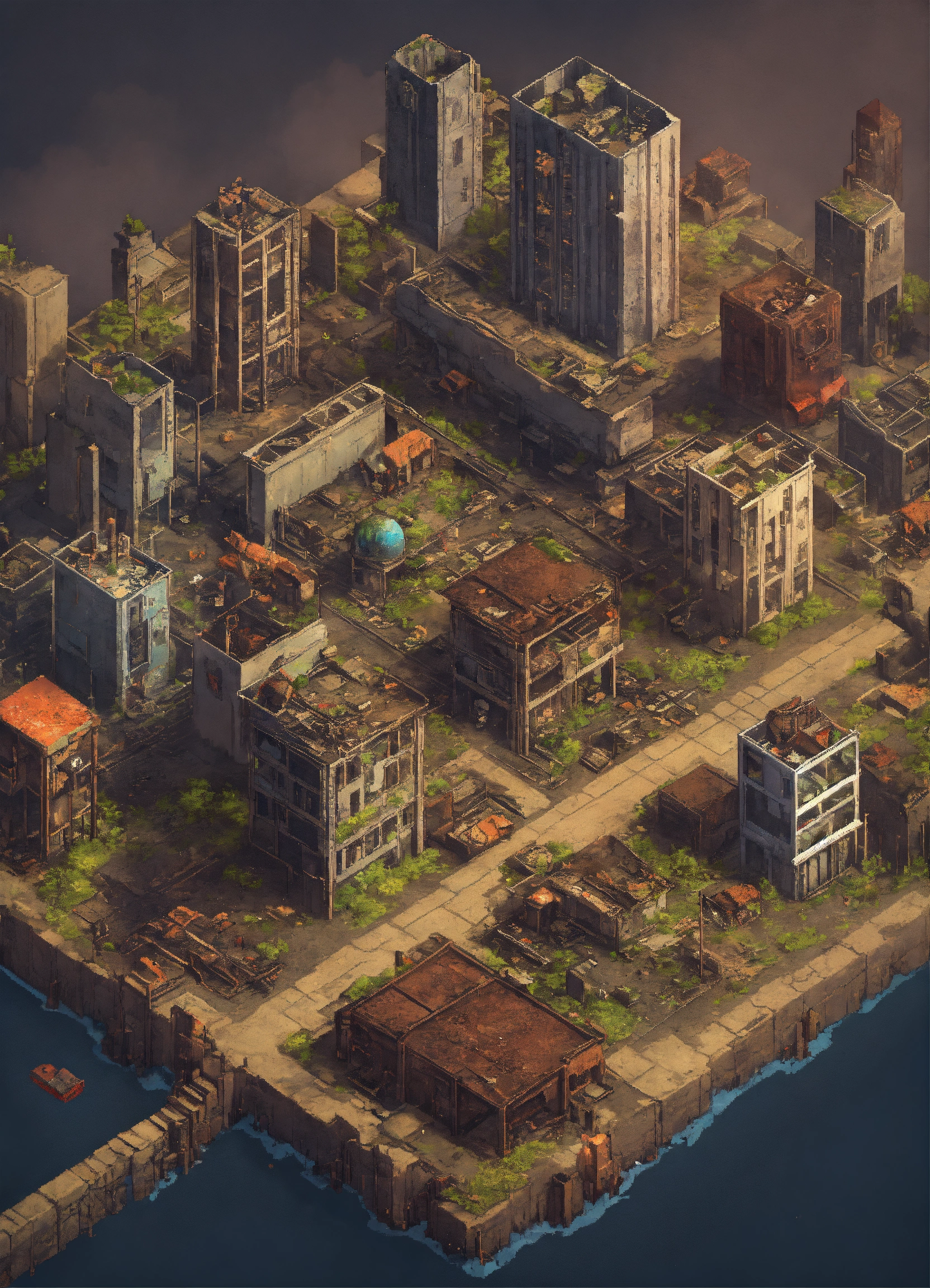 Lexica - Simple pixel apocalyptic city ruins from directly above