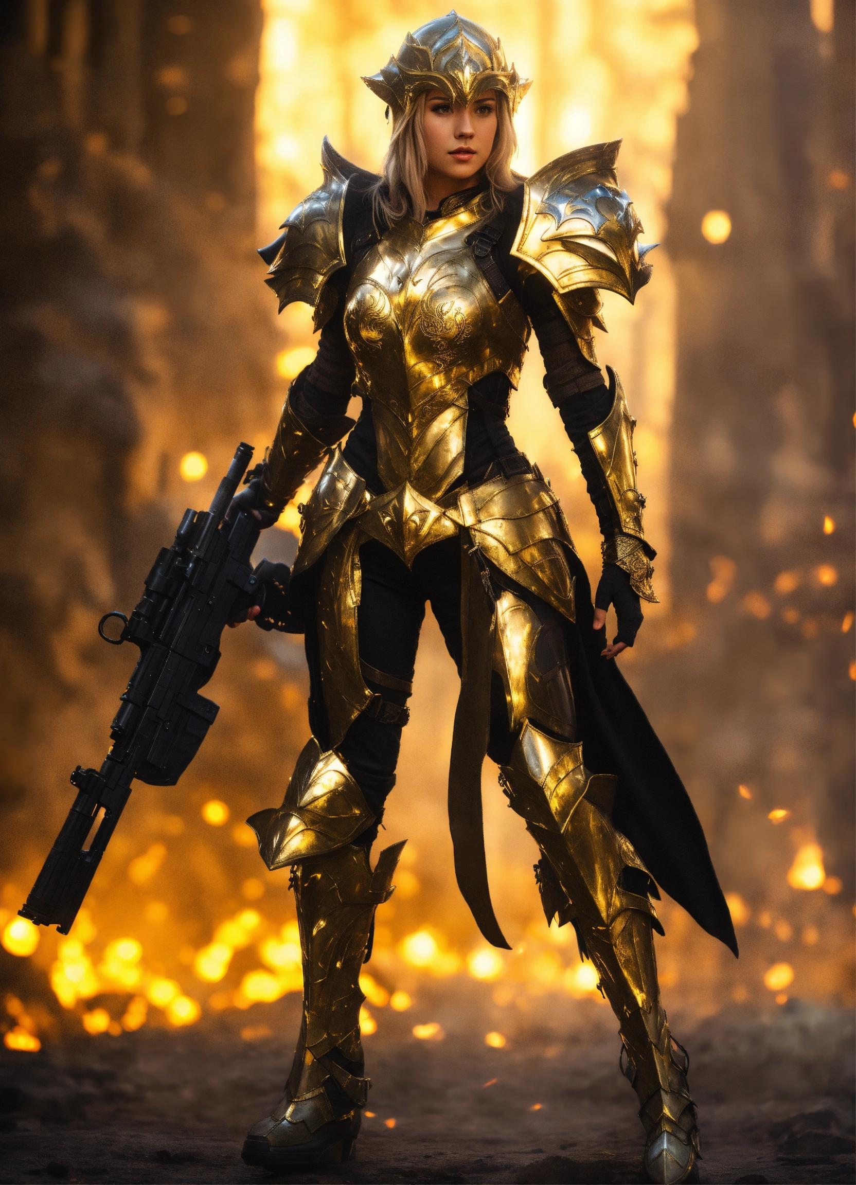 Lexica - Female fantasy character wearing heavy fantasy elven armor, black and gold armor and ...