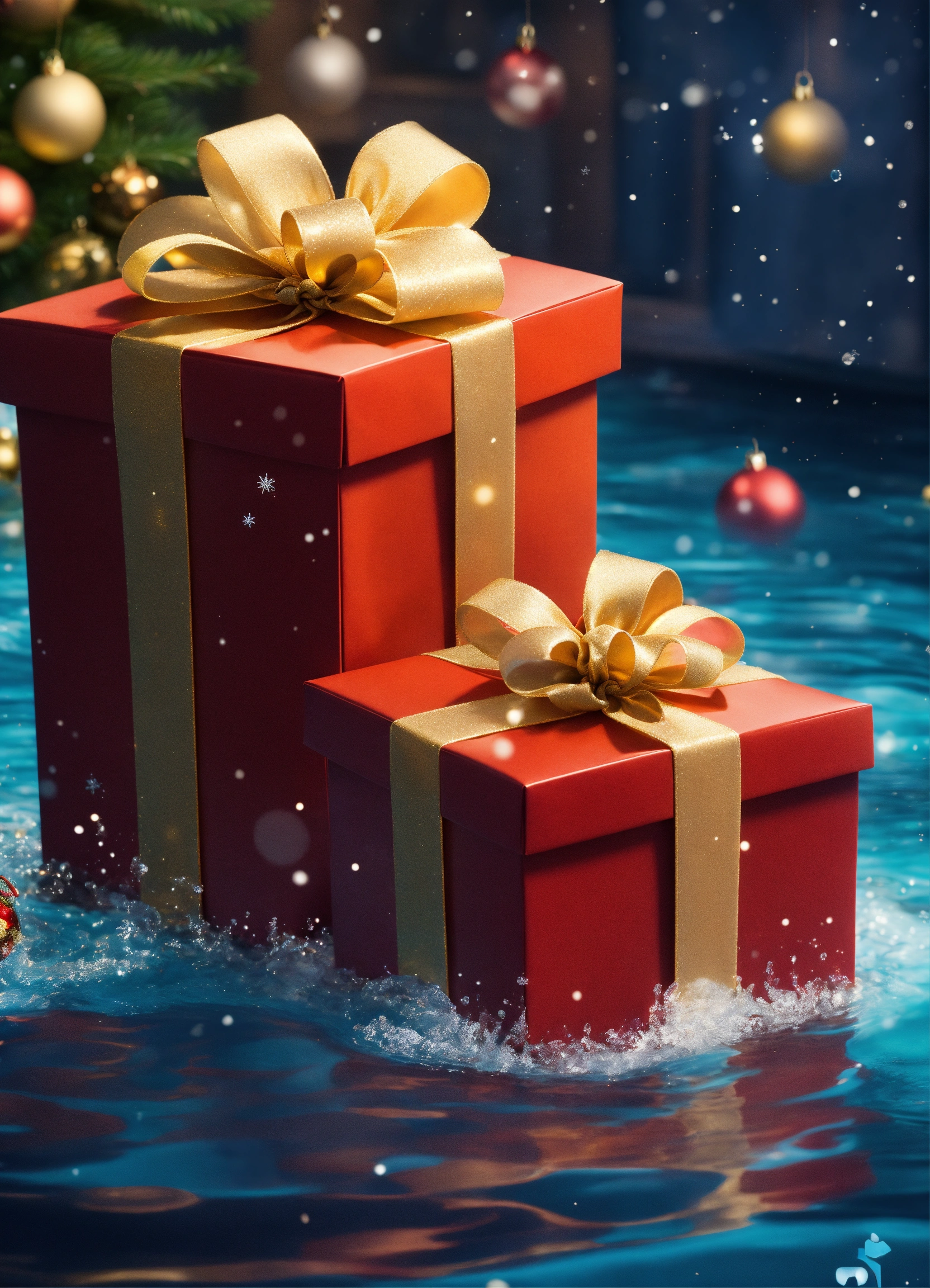 Lexica - Christmas gift boxes elegant, floating in water, pixar