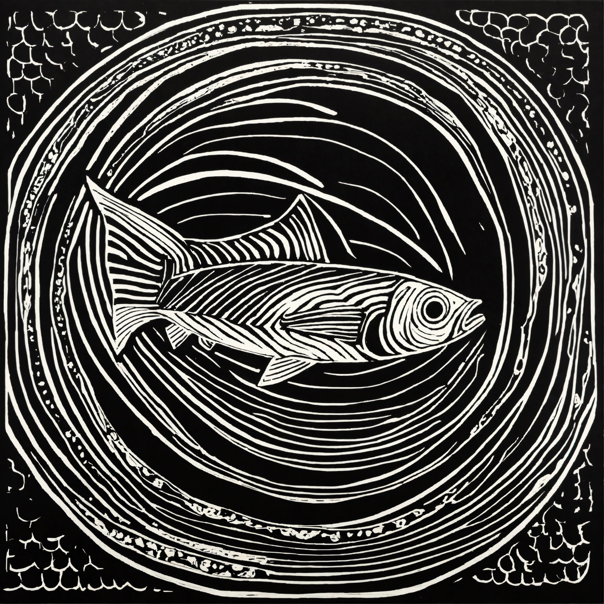 Lexica - Linocut, art drawing abstract art fish, bold lines, black and ...