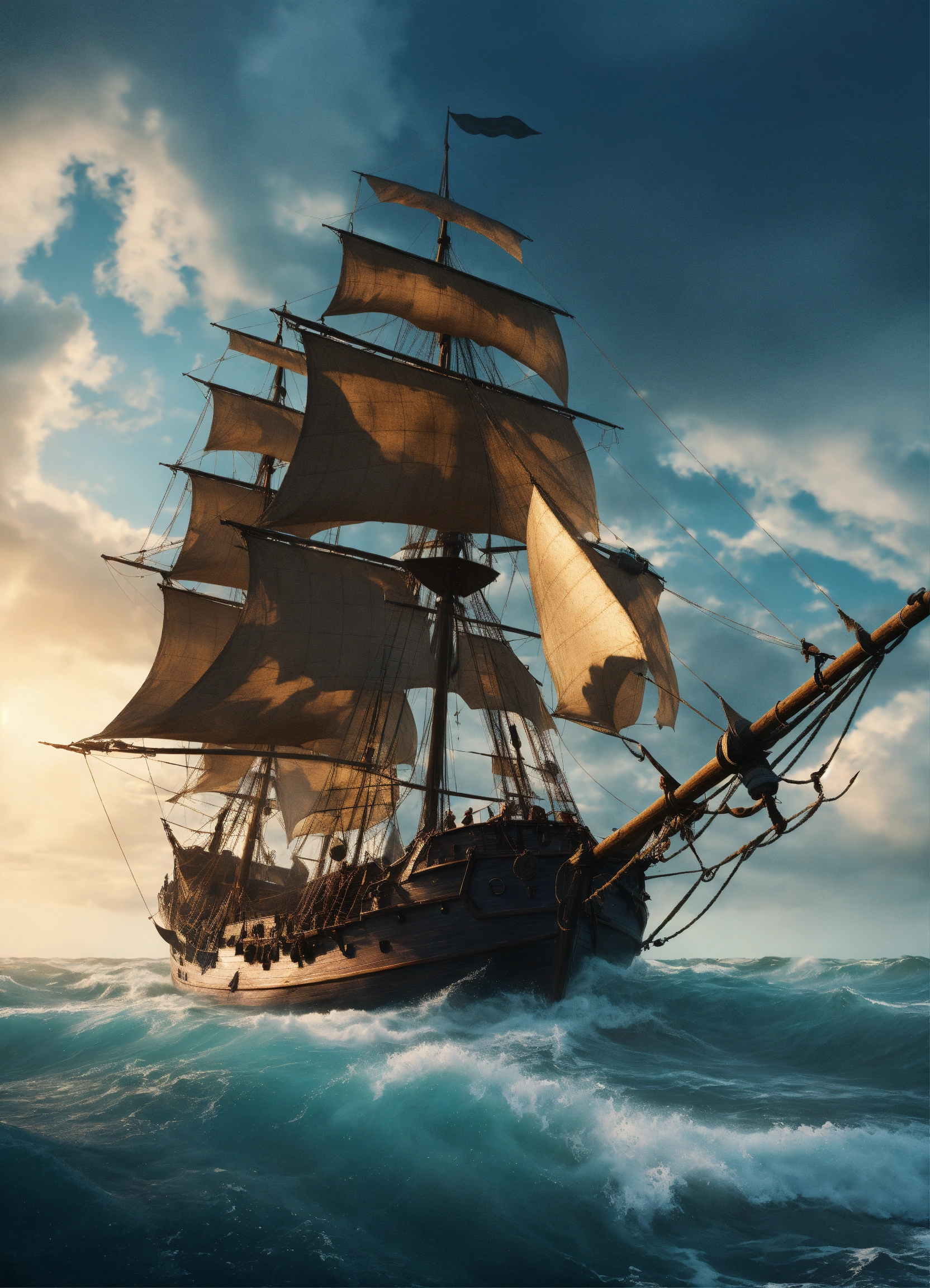 Lexica - Pirate ship damaged sails sailing forward in the waves of a ...