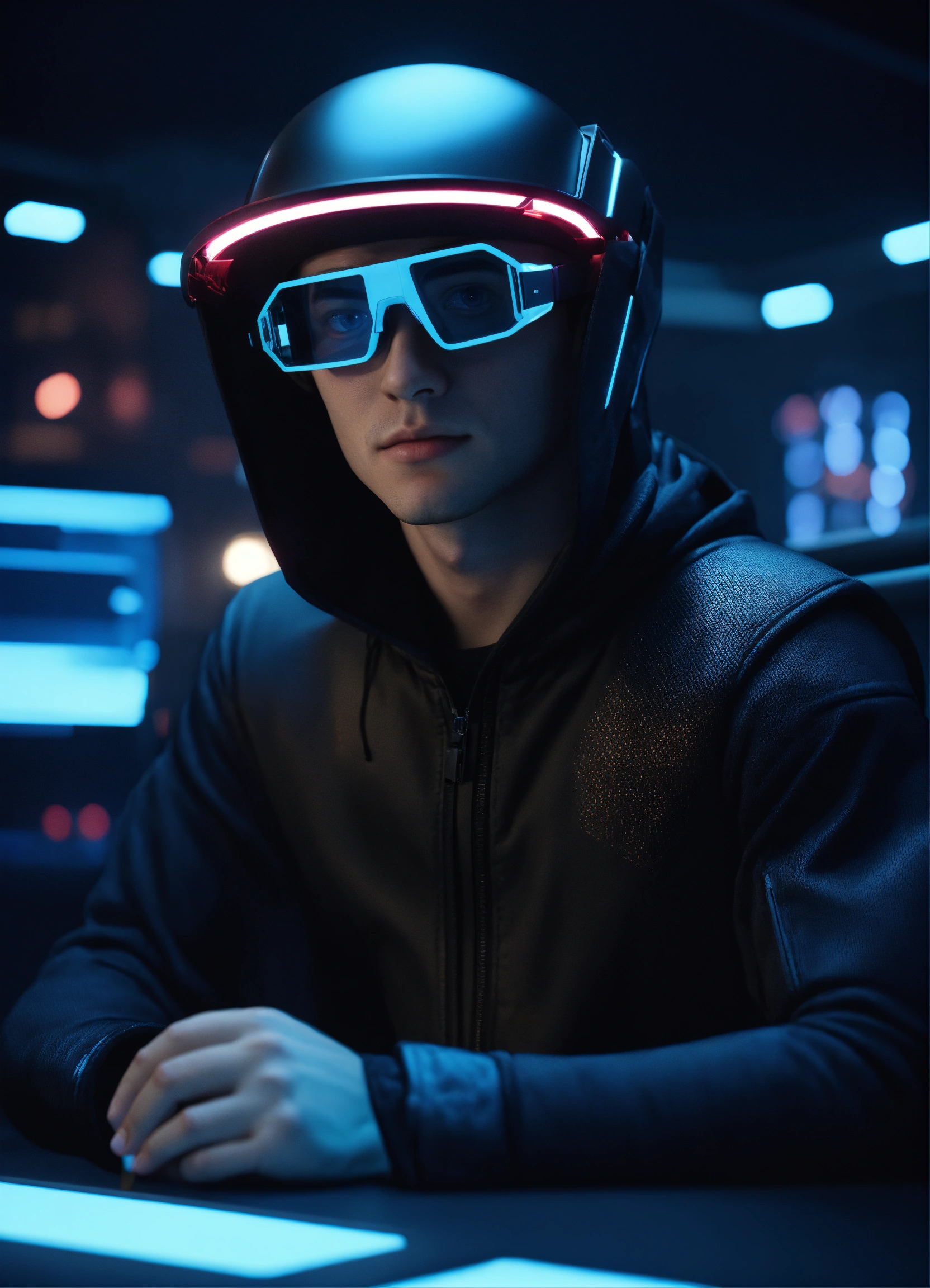 Lexica - Nerdy 20 year old male hacker wearing hi-tech inted visor ...