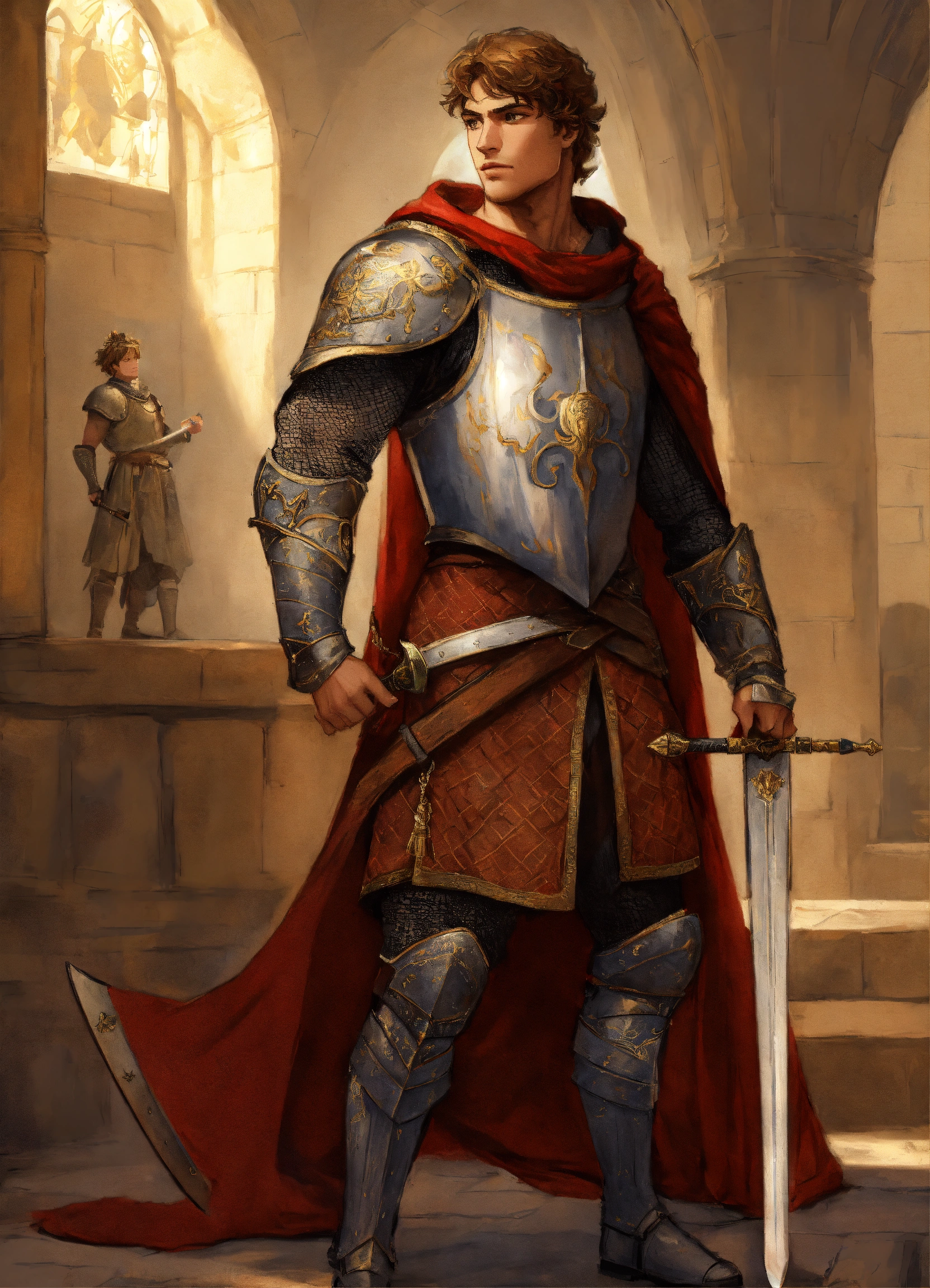 Lexica - Drawing of a buff prince in medieval fancy clothes under a ...