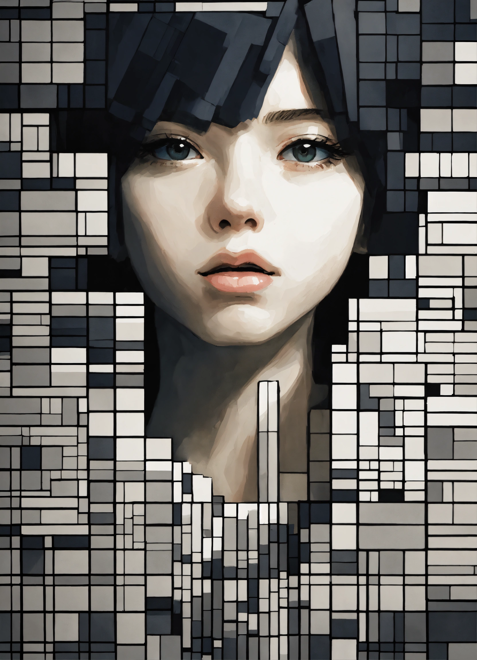 Lexica - A Persons face made from black and white blocks anime style