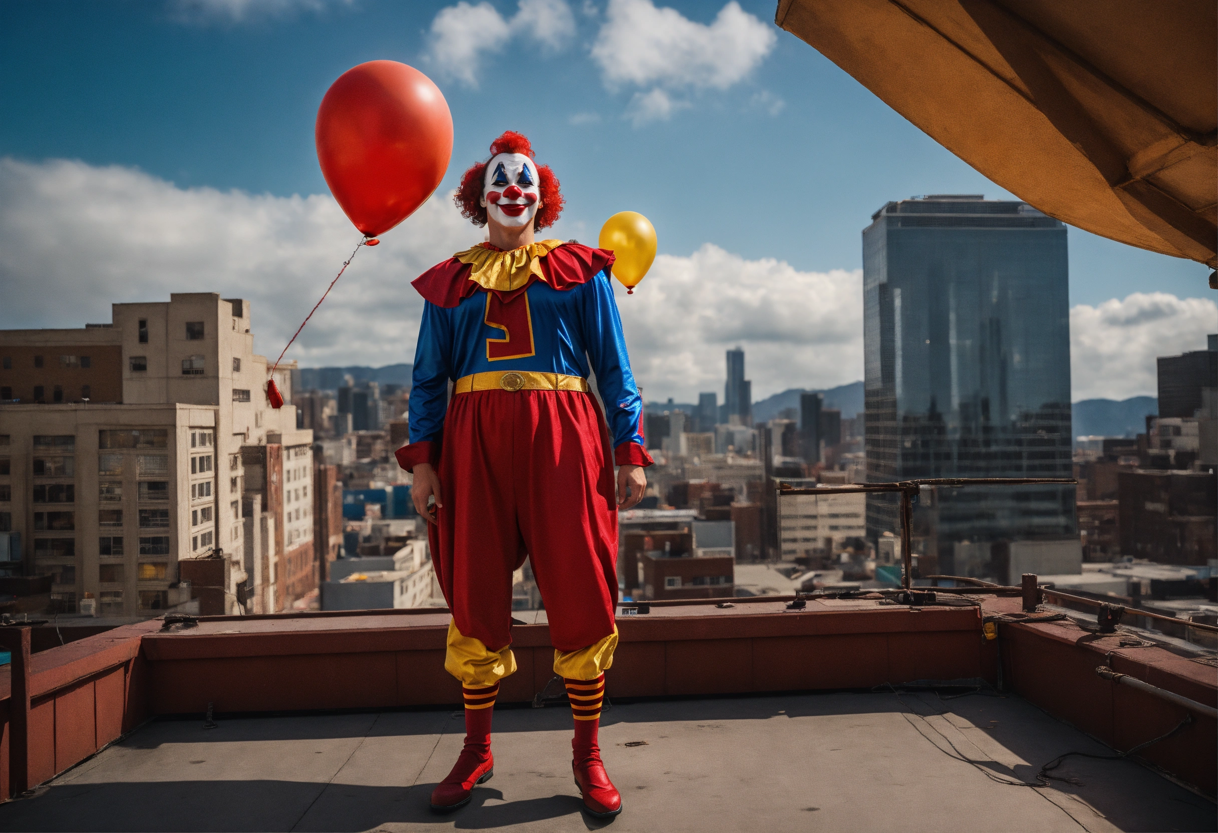 Lexica - Rooftop super realistic clown levitating in superman costume ...