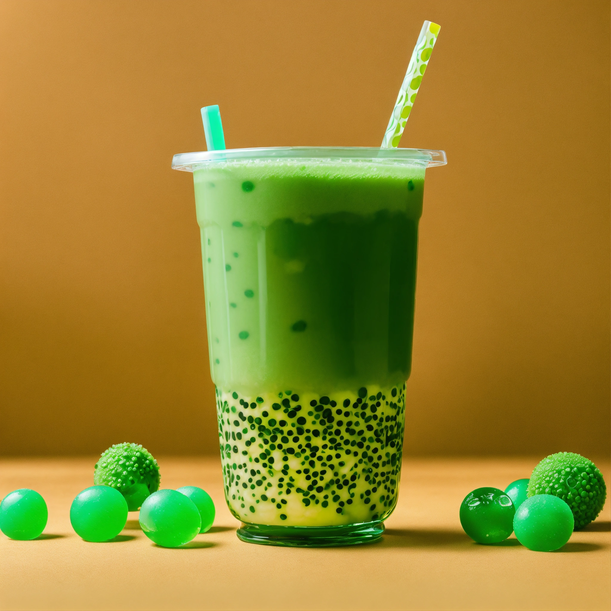 Lexica - Floating green boba tea. A lot of bobas. Stickers on cup ...