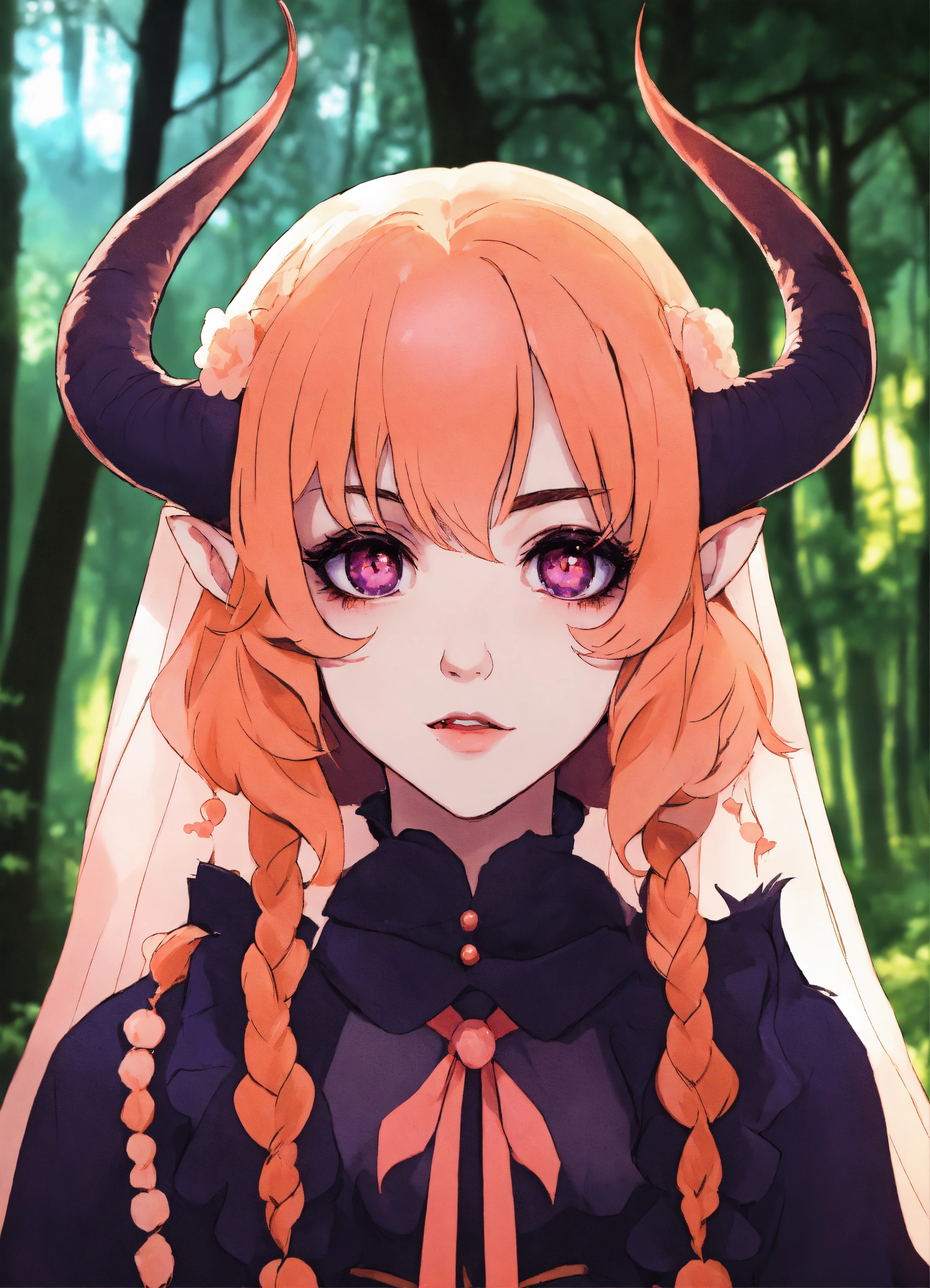 Lexica - 2d vampire anime girl, peach hair, dark purple eyes, black ram ...