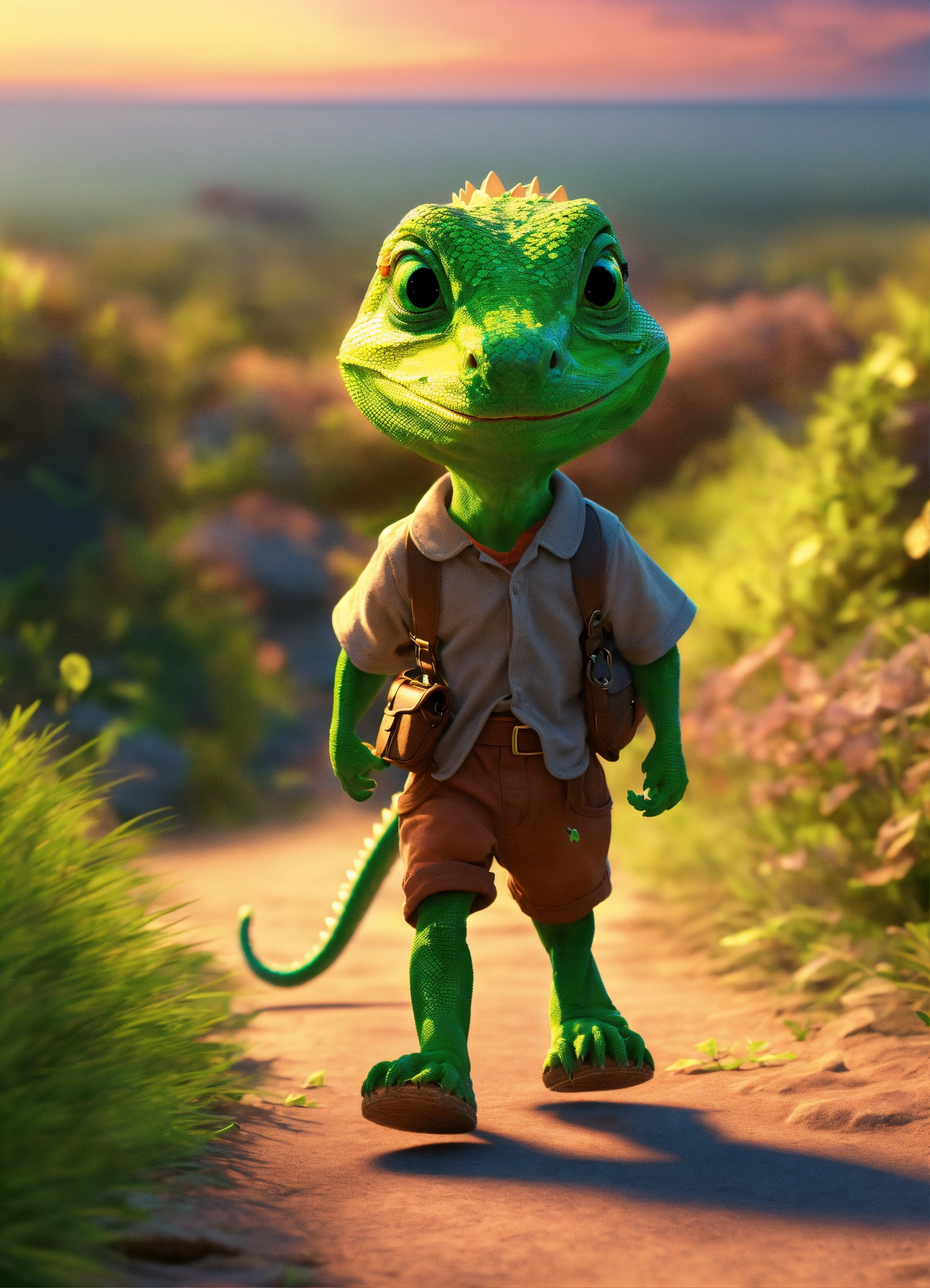 Lexica - Realist 3d animation, little boy, lizard with bright green ...