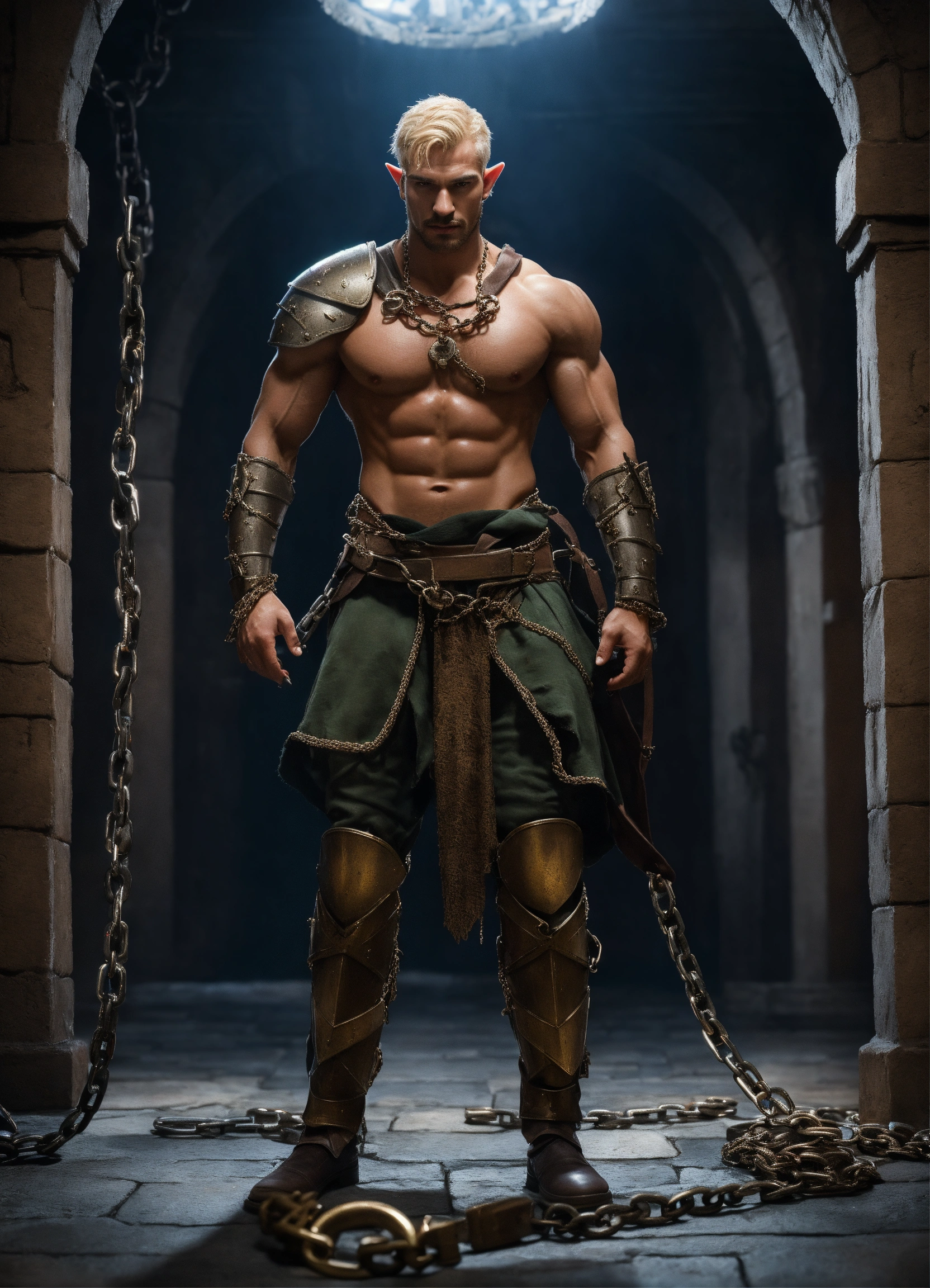 Lexica - Full body strong handsome Dominican god elf chained by enemies ...