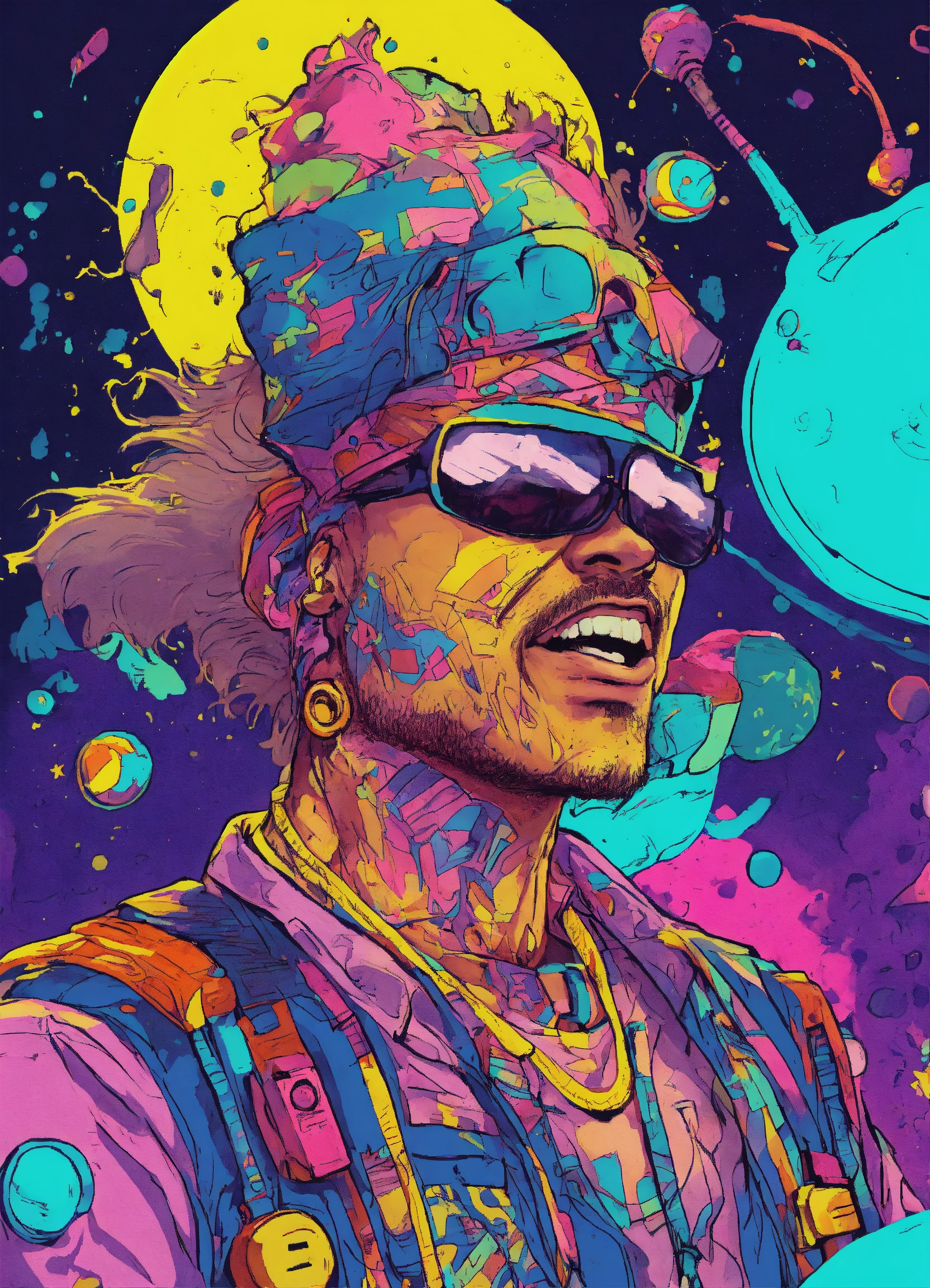 Lexica - A crazy man, 90s grunch music style , comic style, future art