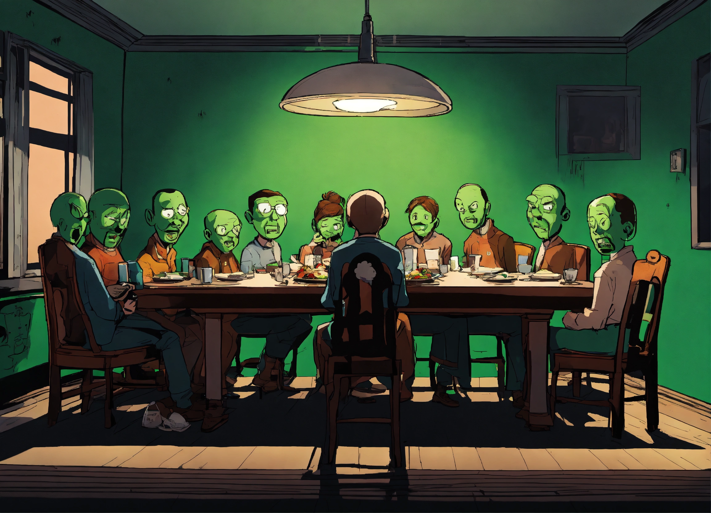 Lexica - Create a comic cartoon poster depicting a dinner scene where ...