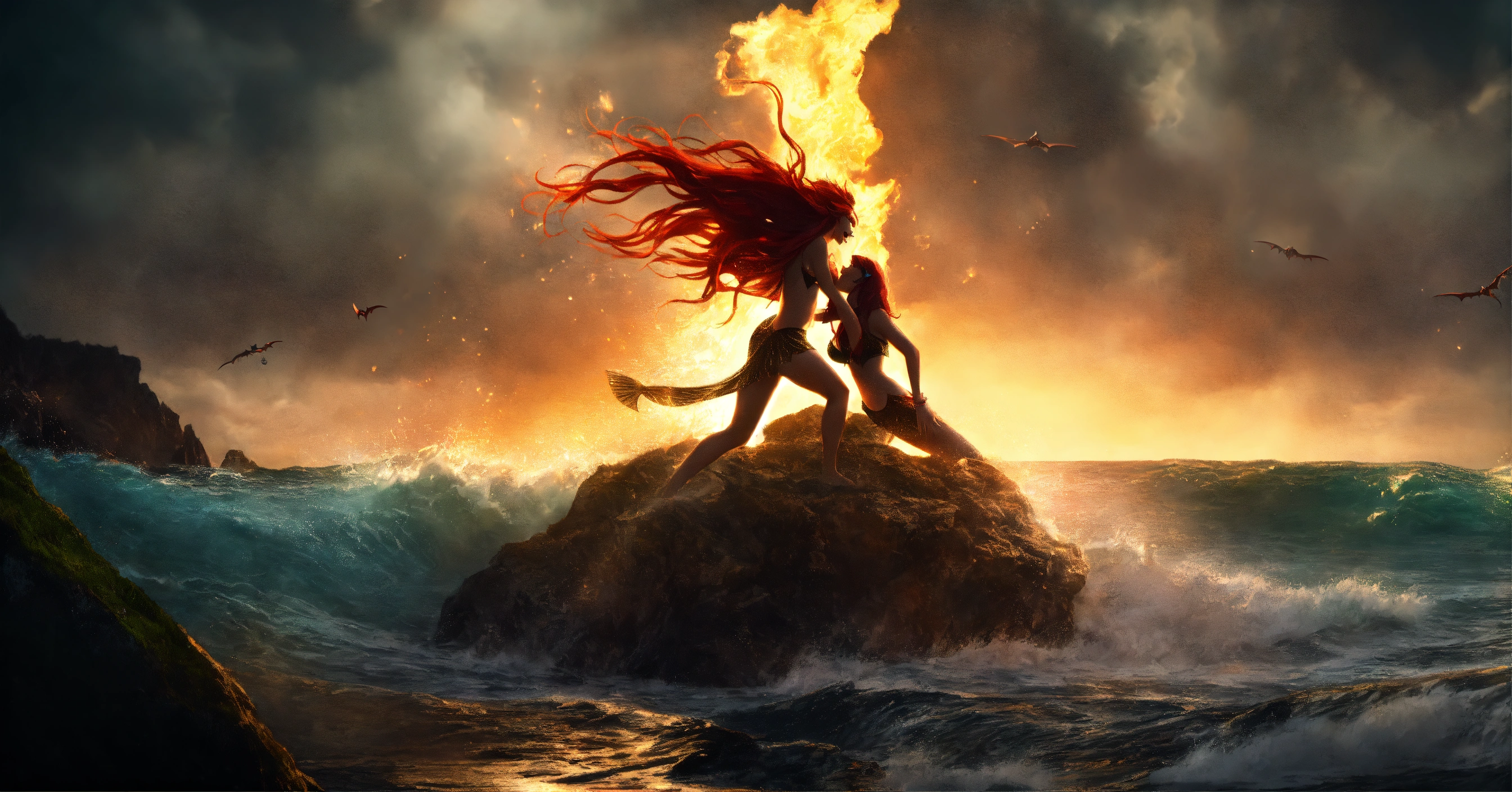 Lexica - Create a 4k detailed photo of two evil mermaids fighting each other. dramatic lighting ...