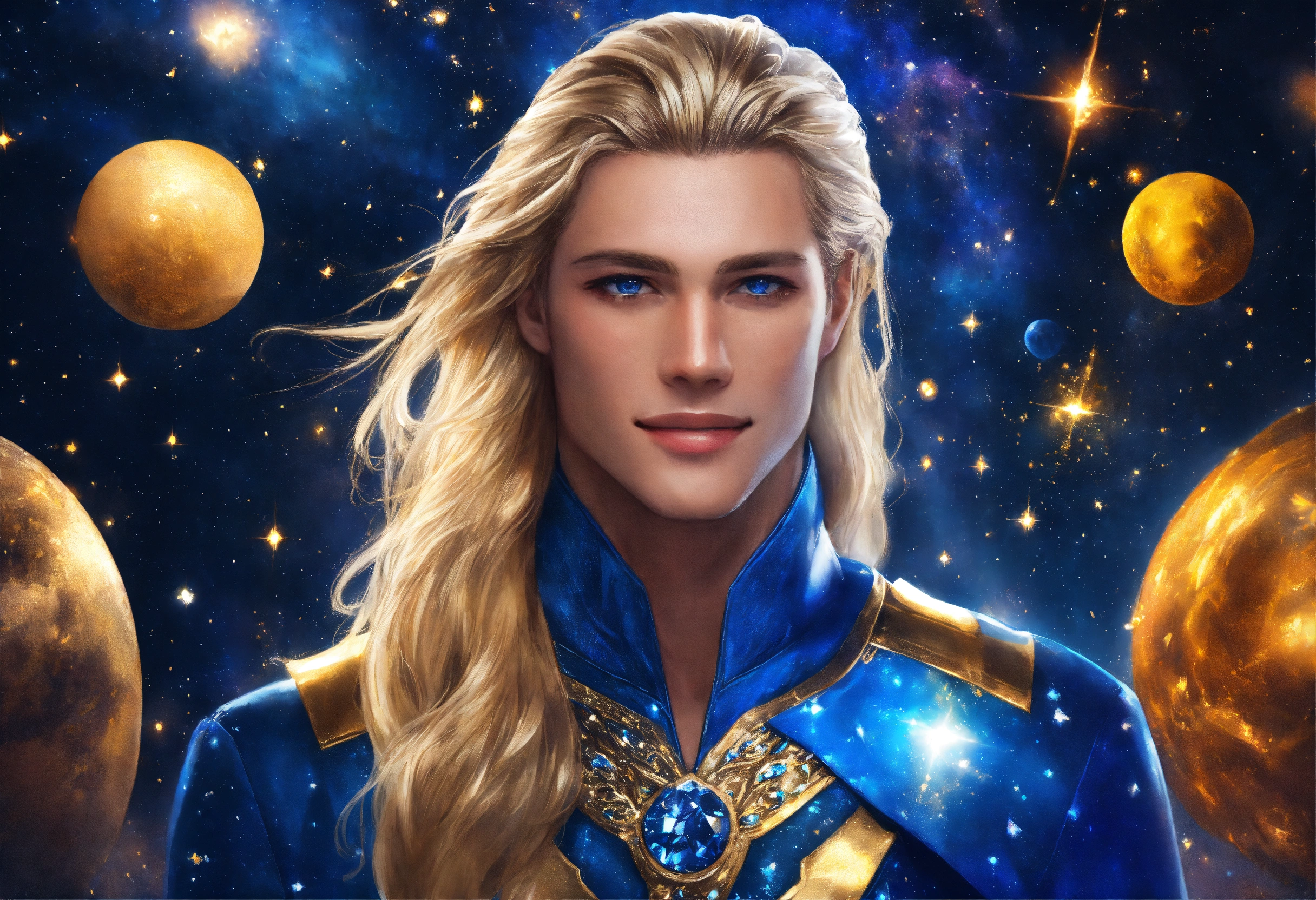 Lexica - Beautiful faces galactic men long blond hair, smiling, blue ...