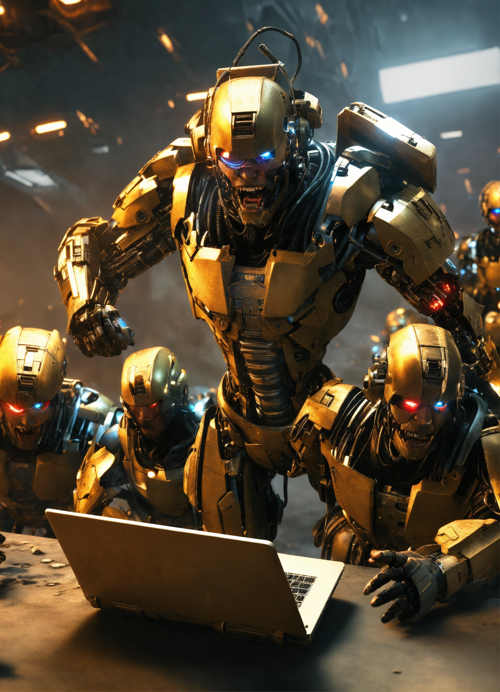 Lexica - Group of war cyborg army, 3d, hold laptop, screaming