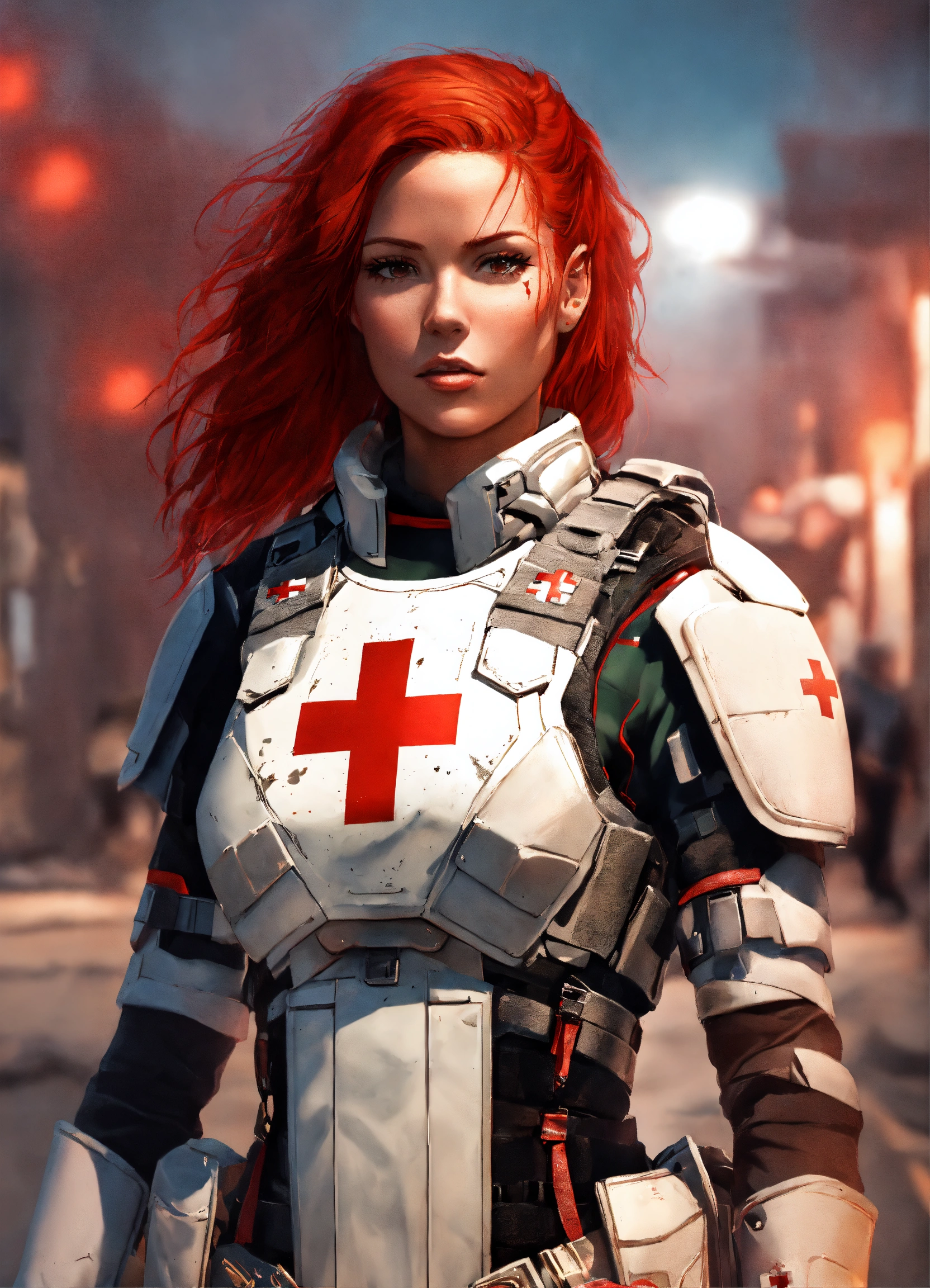 Lexica - Female red hair athletic combat medic wearing white metal ...