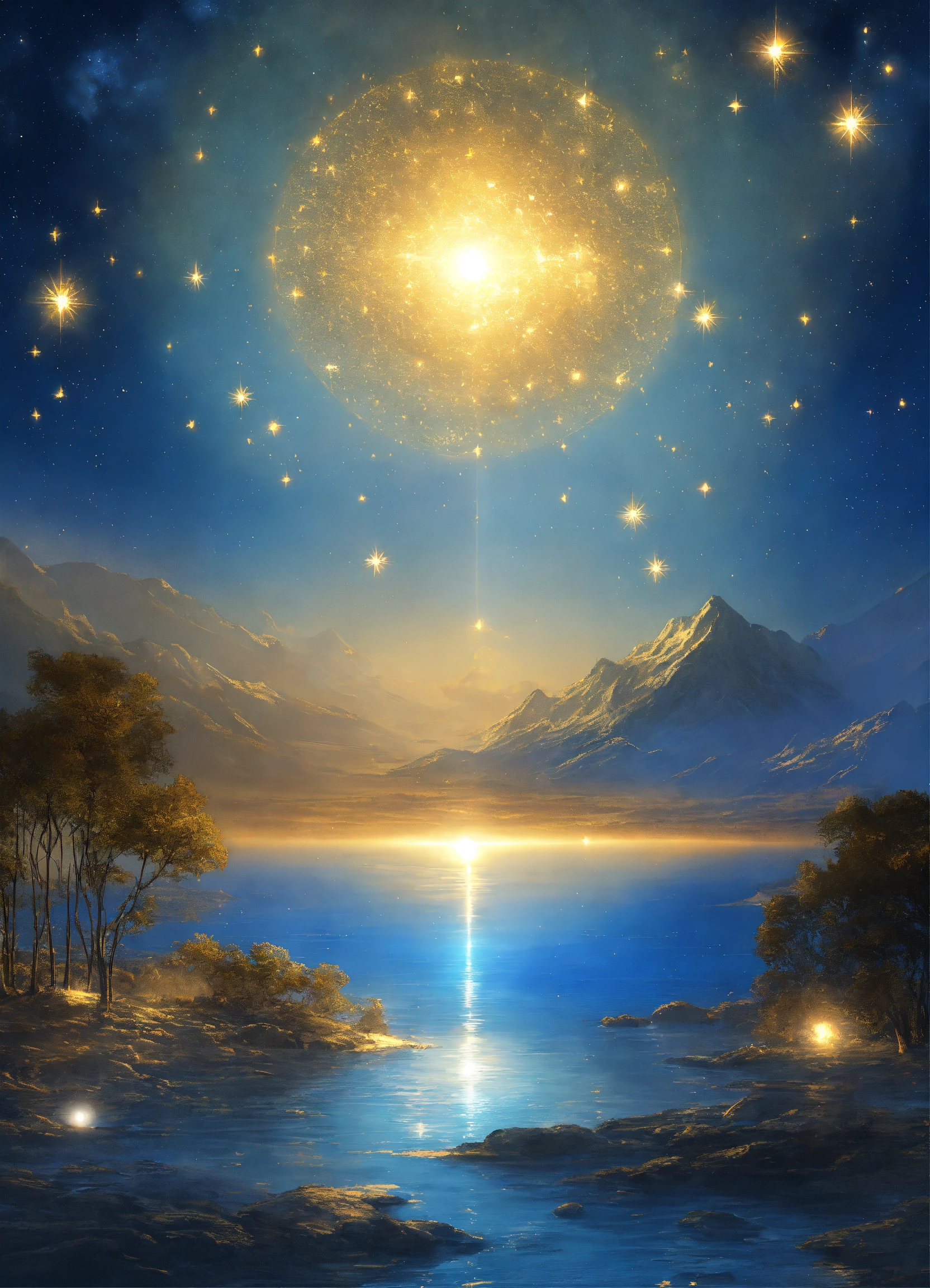 Lexica - A celestial setting with three stars on the horizon in the ...