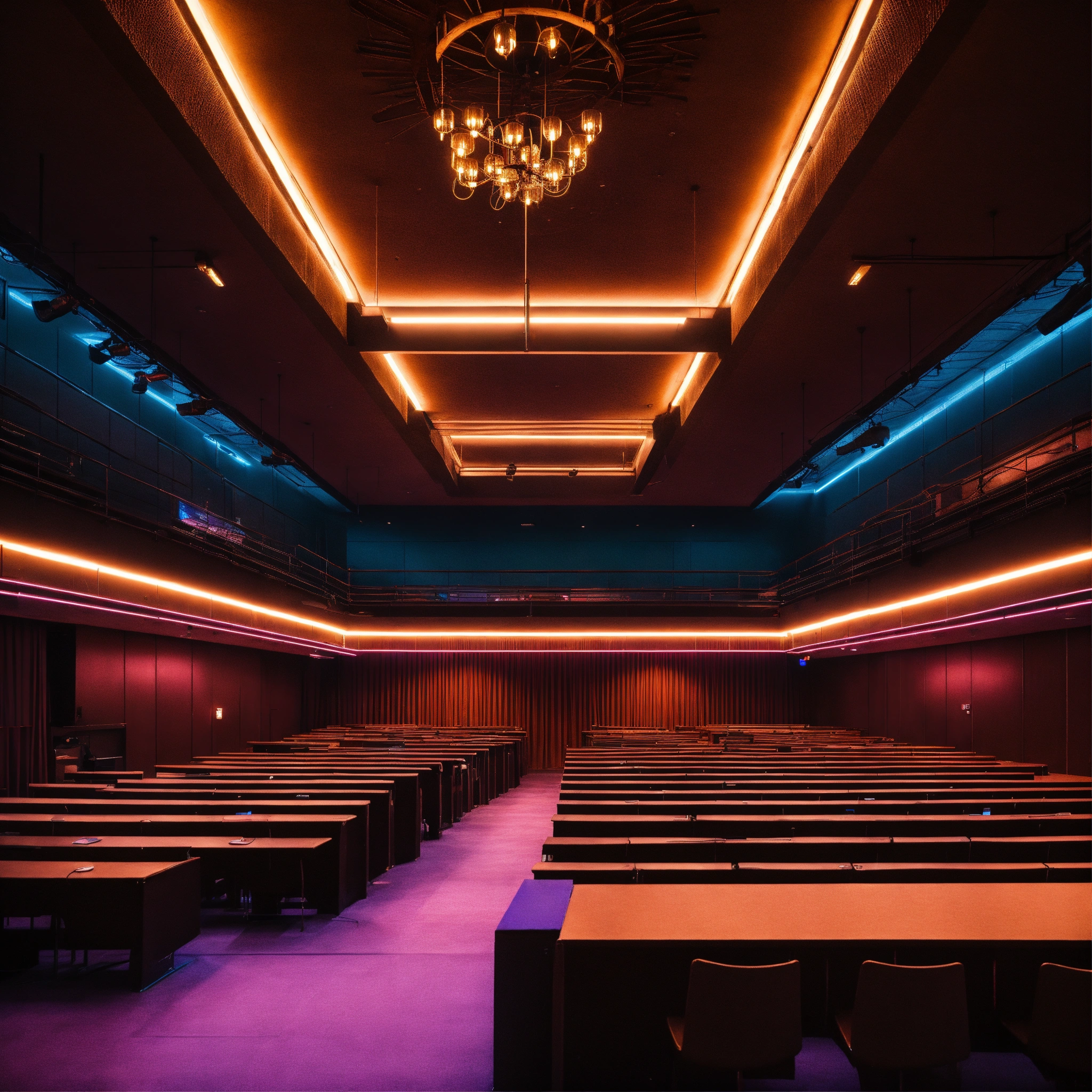 Lexica - Dark dim futuristic lecture hall lit only with some neon ...
