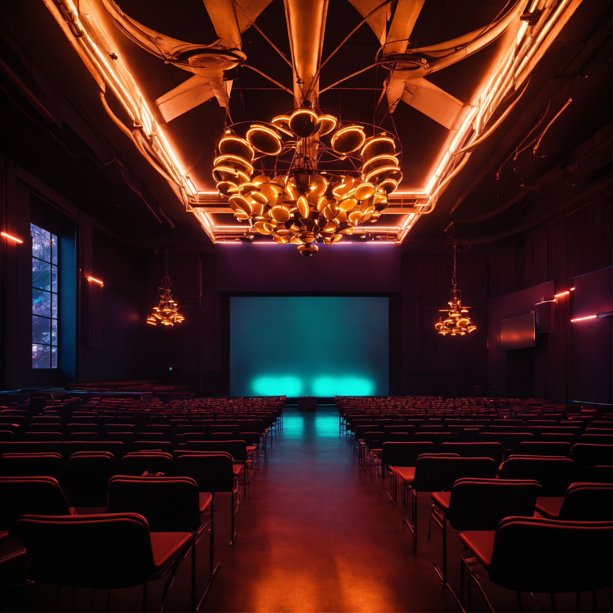 Lexica - Dark dim futuristic lecture hall lit only with some neon ...