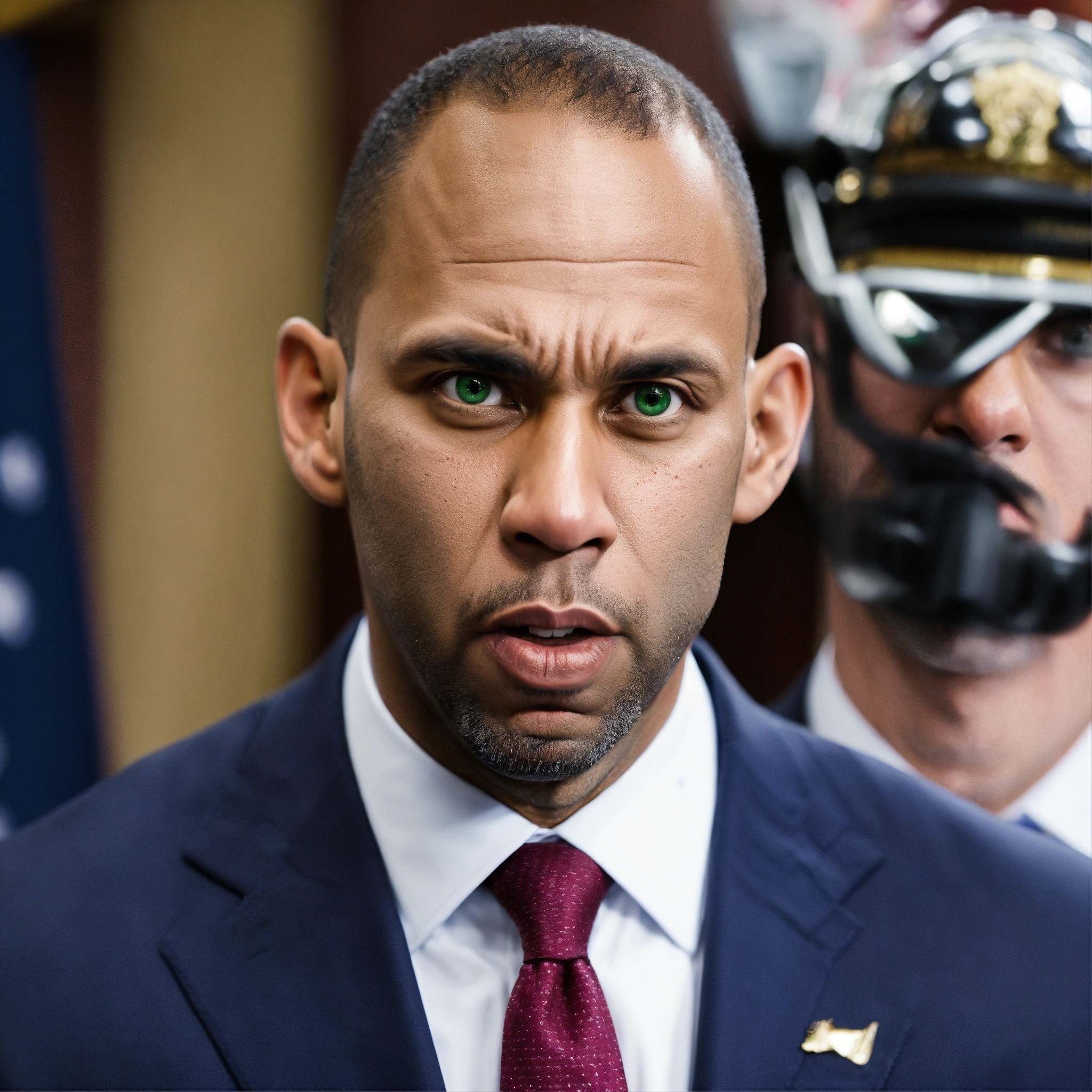 Lexica - HAKEEM JEFFRIES, green eyes, unshaven, acne on face, angry, mad
