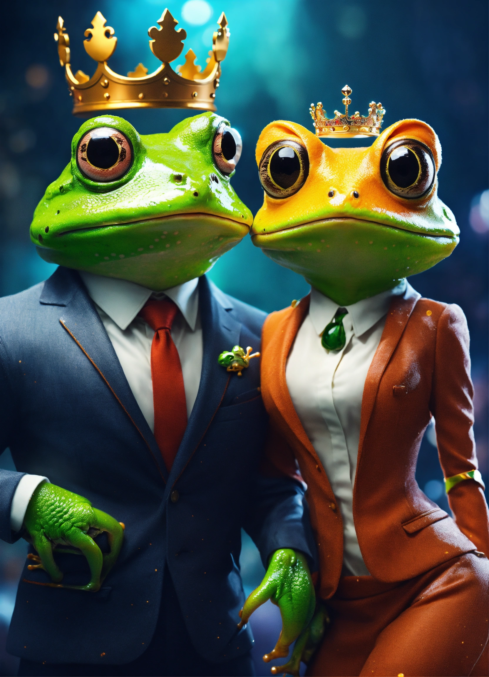 Lexica - Cute frog in suit and crown with lady frog taking a chance ...