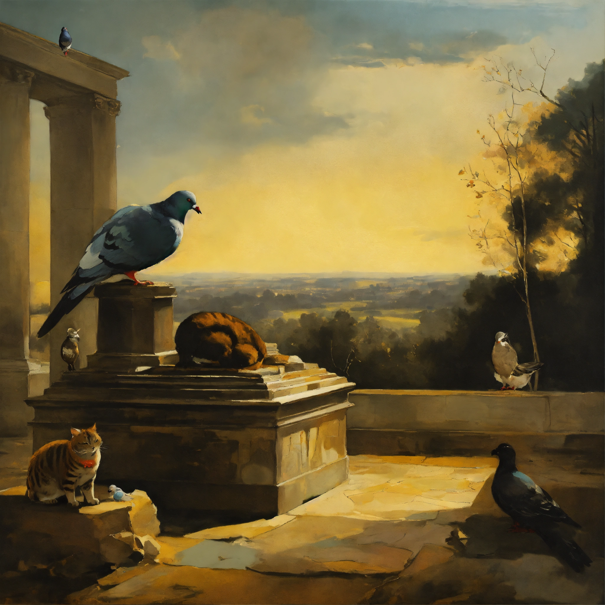 Lexica - Landscape with a pigeon hugging a cat on the tomb of mankind ...