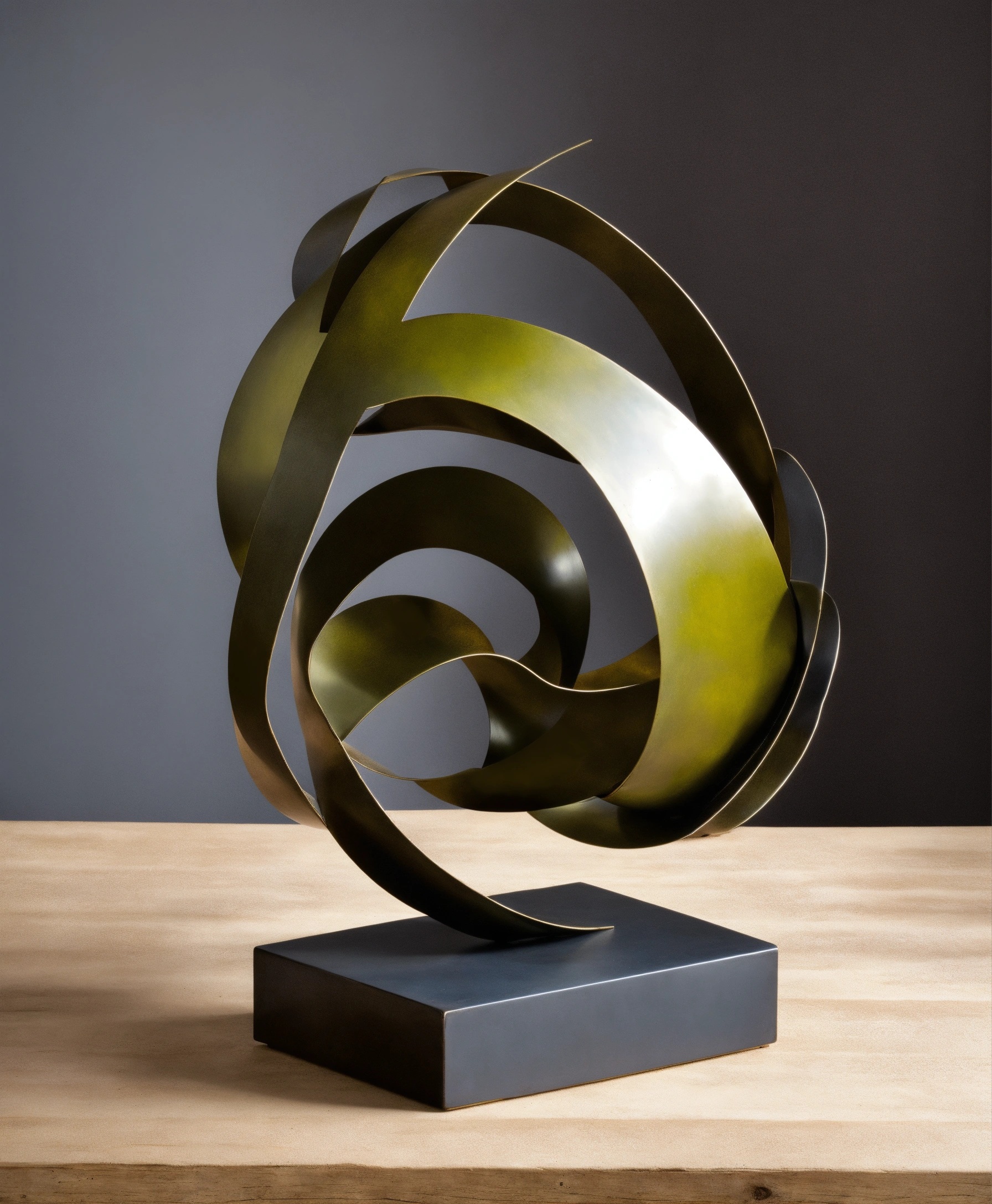 Lexica - Unique metal abstract tabletop sculpture, olive metal